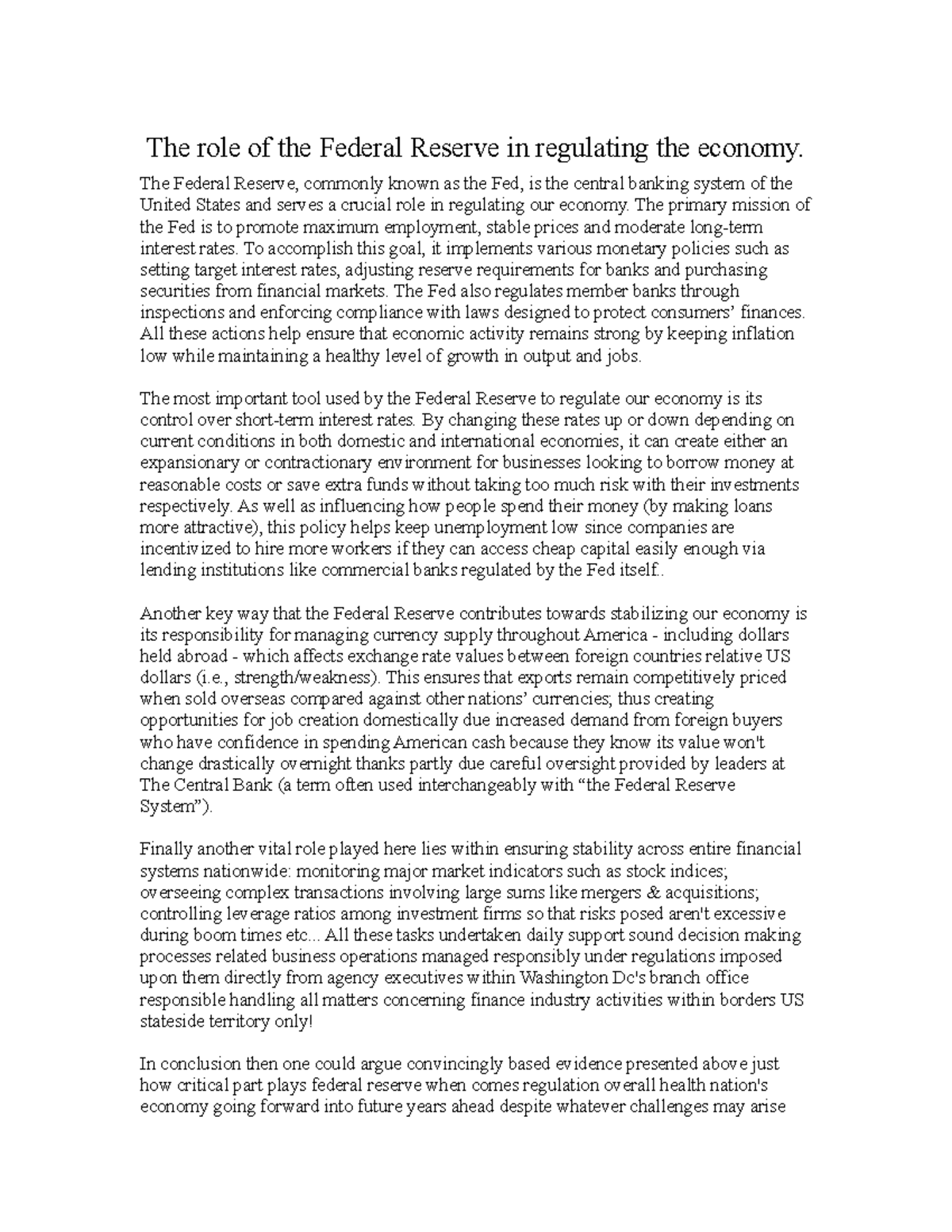 The role of the federal - The Federal Reserve, commonly known as the ...