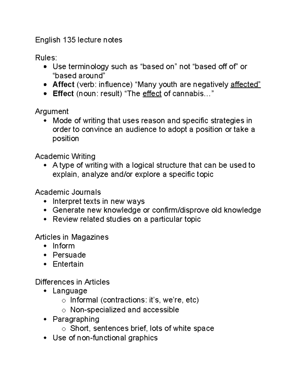 English 135 lecture notes - English 135 lecture notes Rules: Use ...