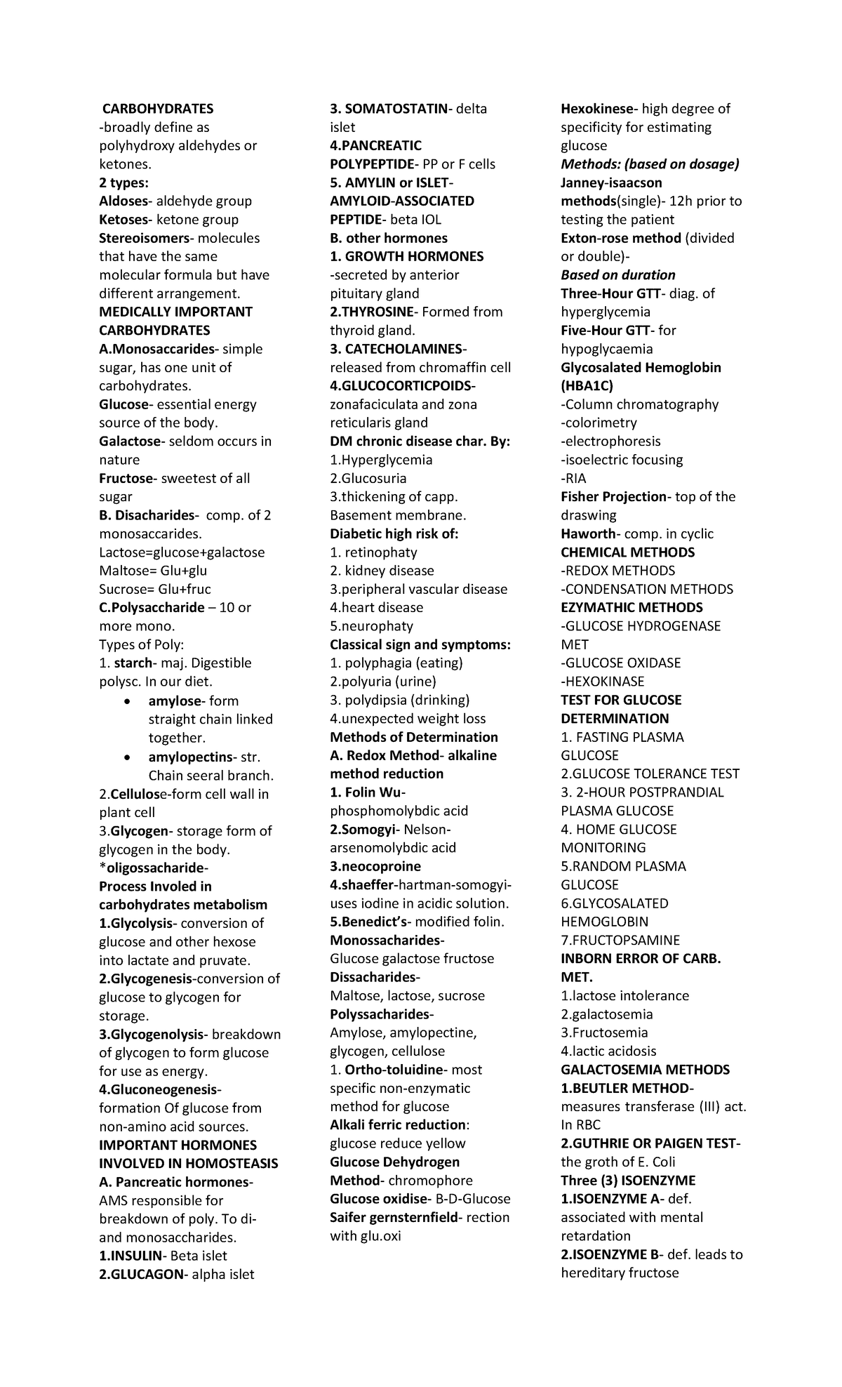 Carbohydrates - Cc1 summary - CARBOHYDRATES -broadly define as ...