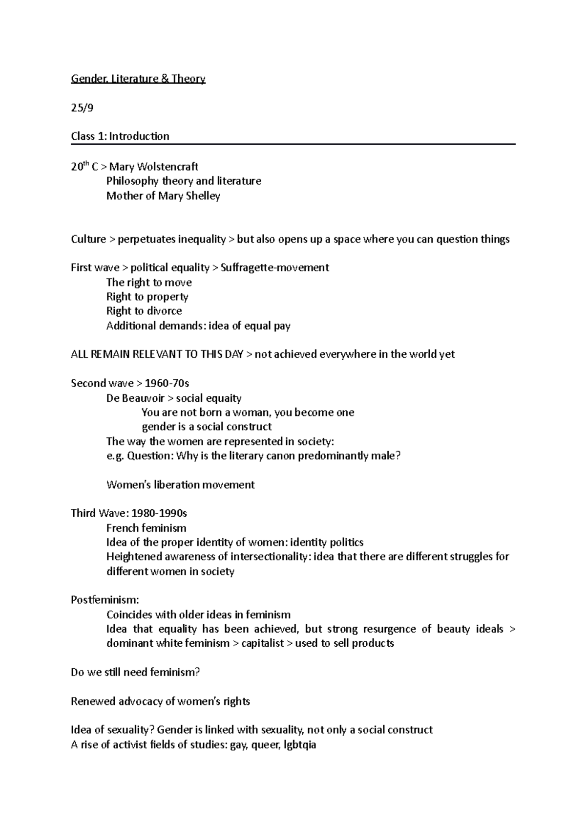 Gender, Literature and Theory - Lecture Notes - Gender, Literature ...