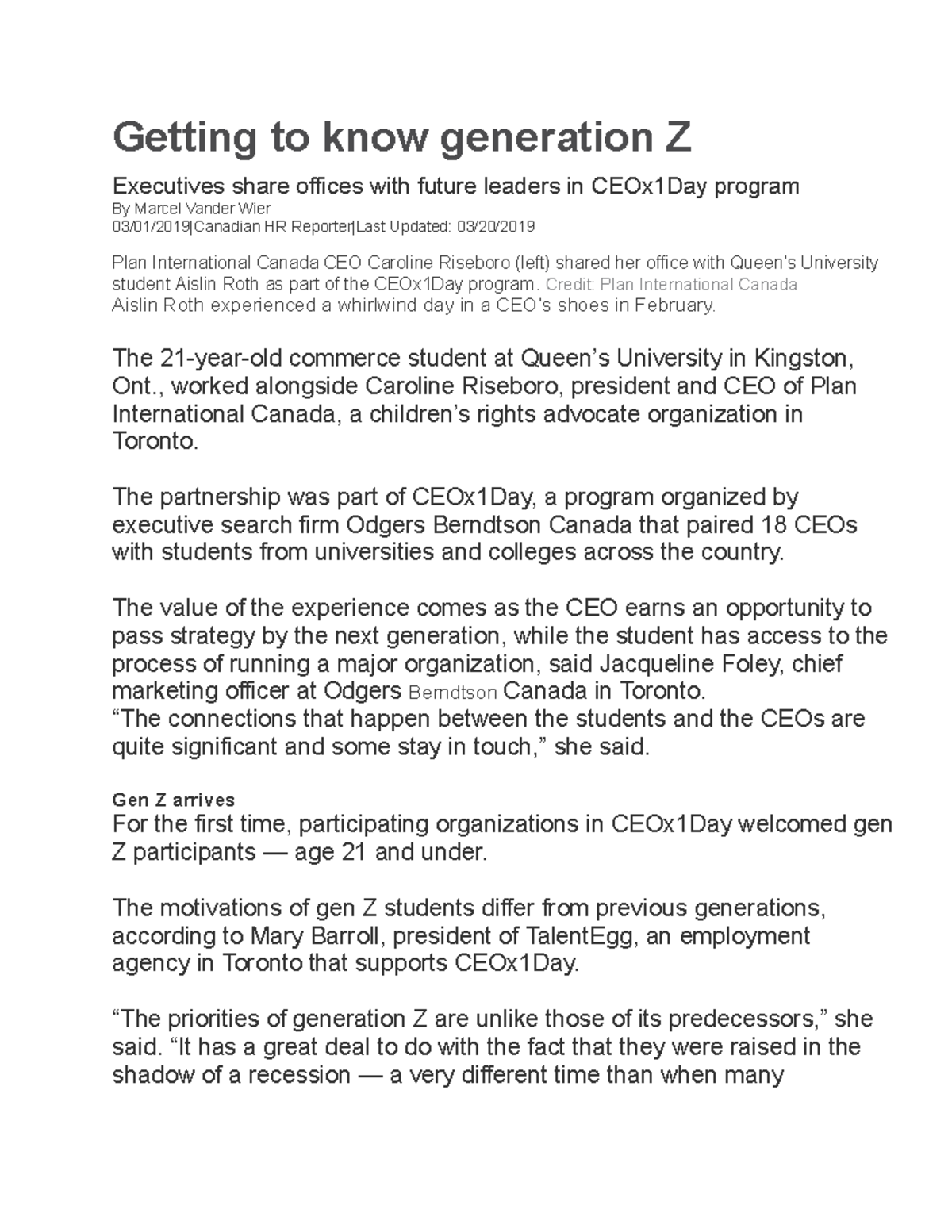 Week 1 Reading B - Getting to know generation Z Executives share offices with future leaders in ...