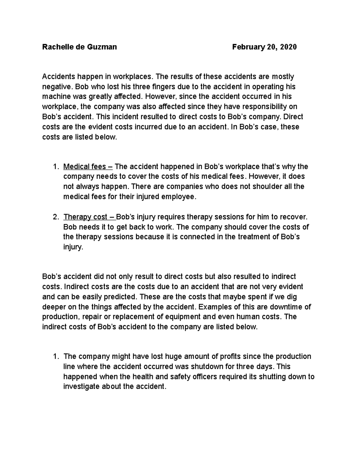 Report Assignment Work Safely - Rachelle de Guzman February 20, 2020 ...
