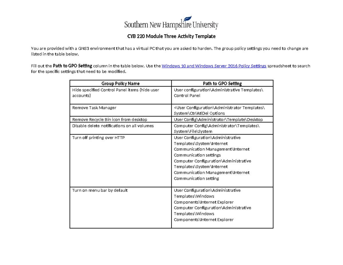 CYB 220 Module Three Activity Template - CYB 220 Module Three Activity ...