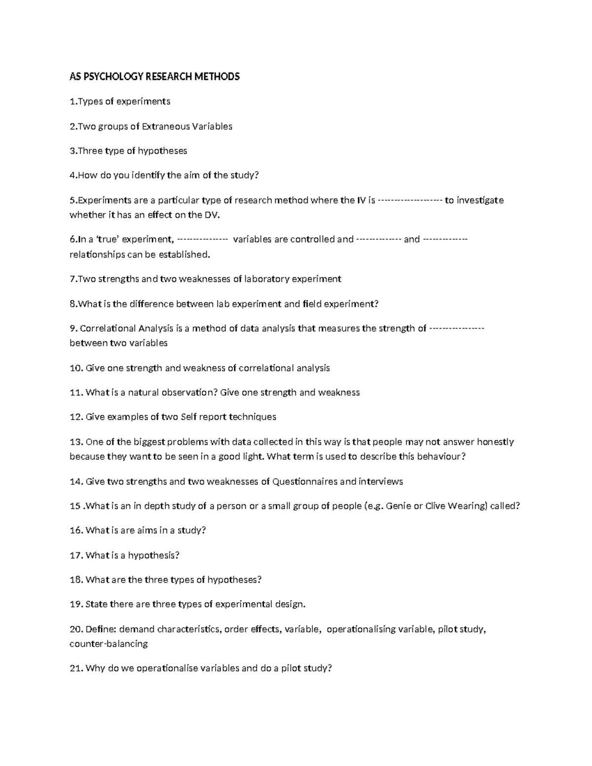 AS Psychology Research Methods - AS PSYCHOLOGY RESEARCH METHODS 1 of ...