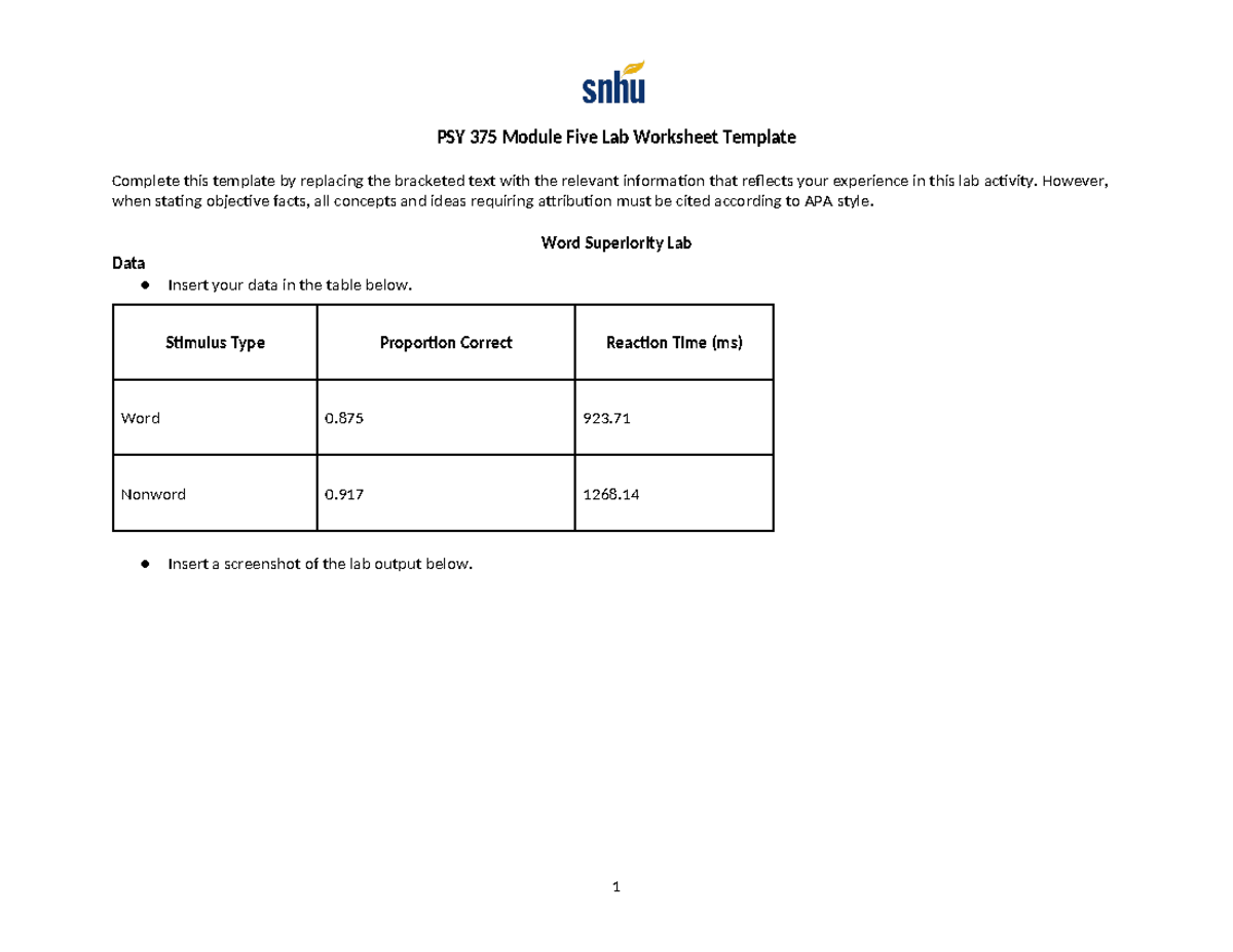 Psy375 Module 5 Lab Worksheet template 2024 - PSY 375 Module Five Lab ...