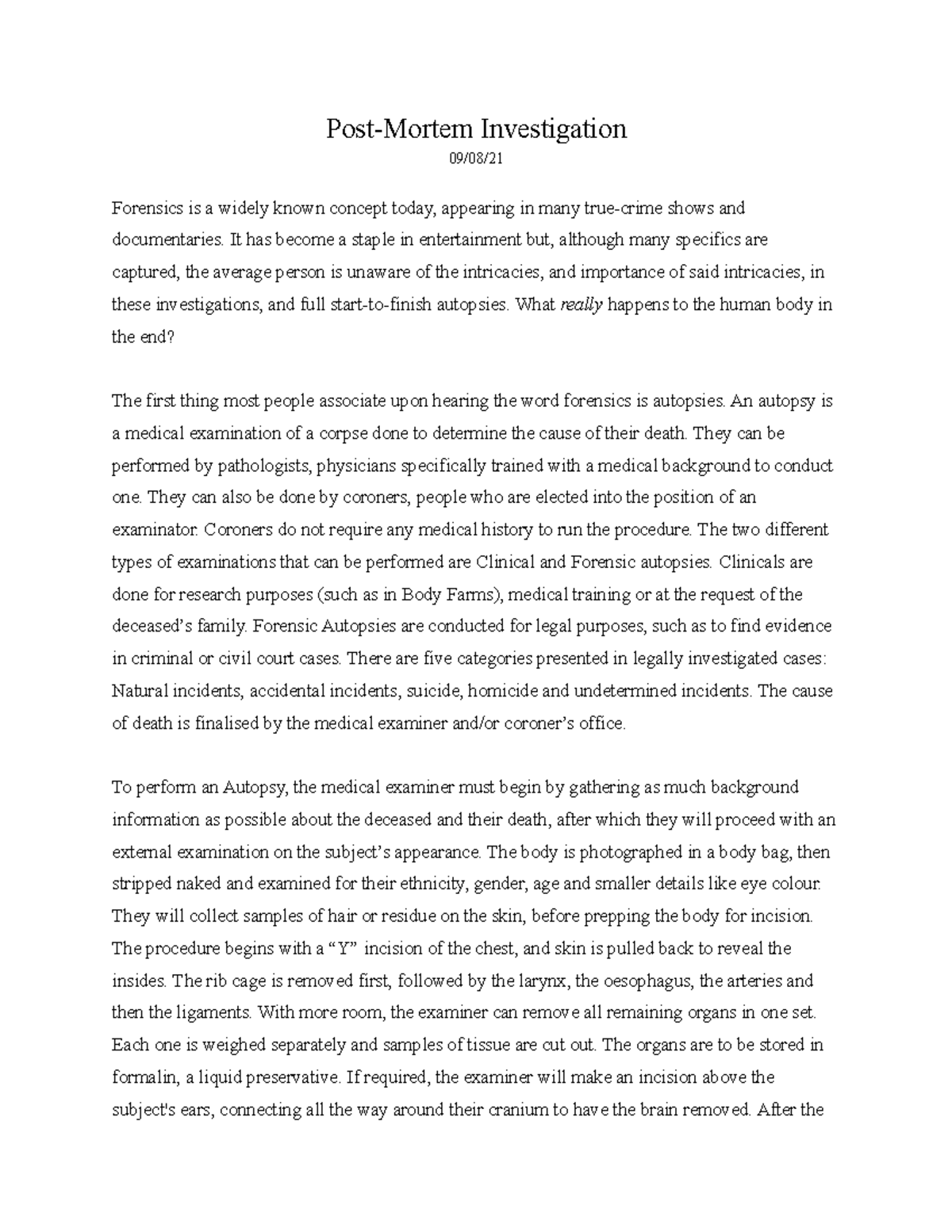 Year 9 Post-Mortem Investigation - Post-Mortem Investigation 09/08 ...