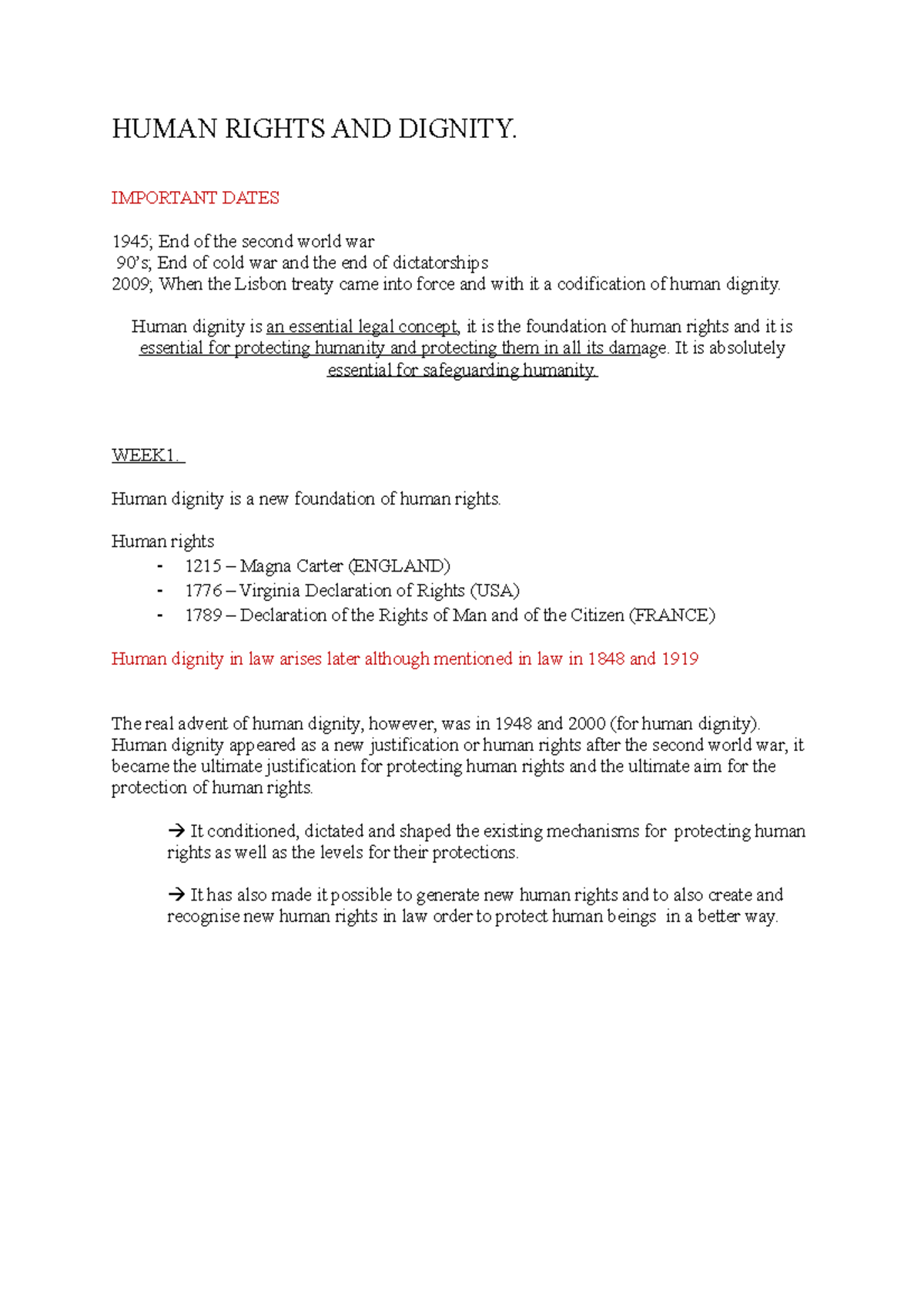 Human Rights and Dignity Notes - HUMAN RIGHTS AND DIGNITY. IMPORTANT ...