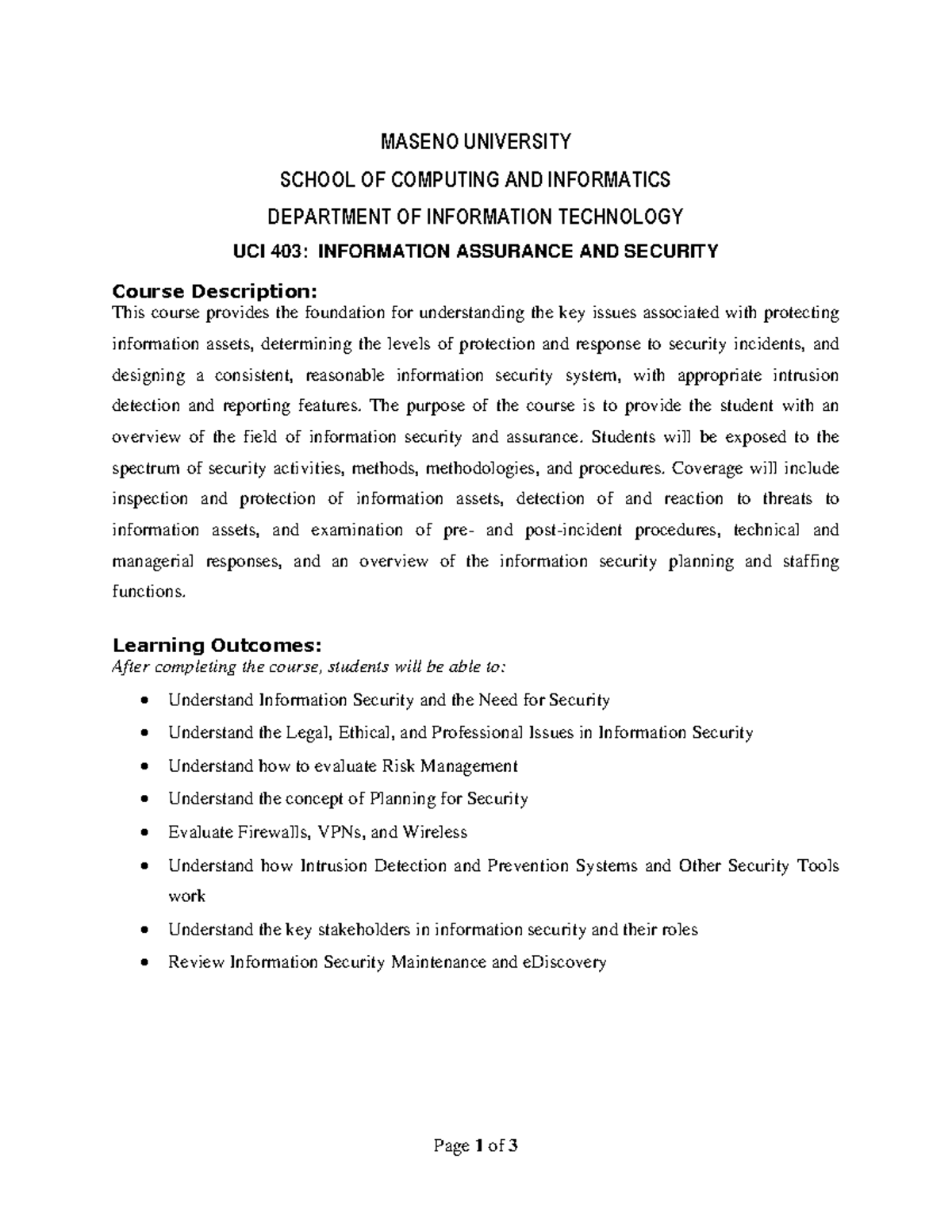 UCI 403 Information Assurance AND Security Course Outline 083119 - Page ...