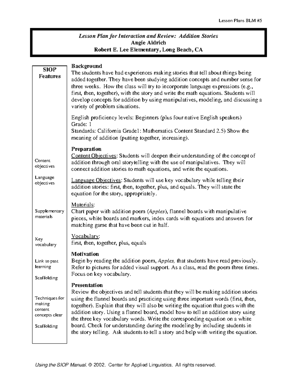 SIOP Math Addition Lesson - Lesson Plans BLM # Lesson Plan for ...