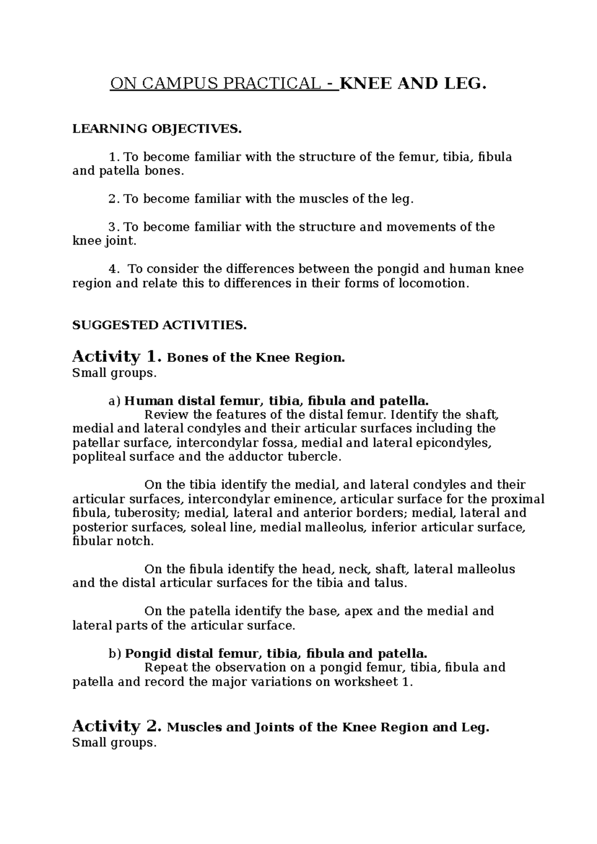 On campus prac Knee and Leg - ON CAMPUS PRACTICAL - KNEE AND LEG ...