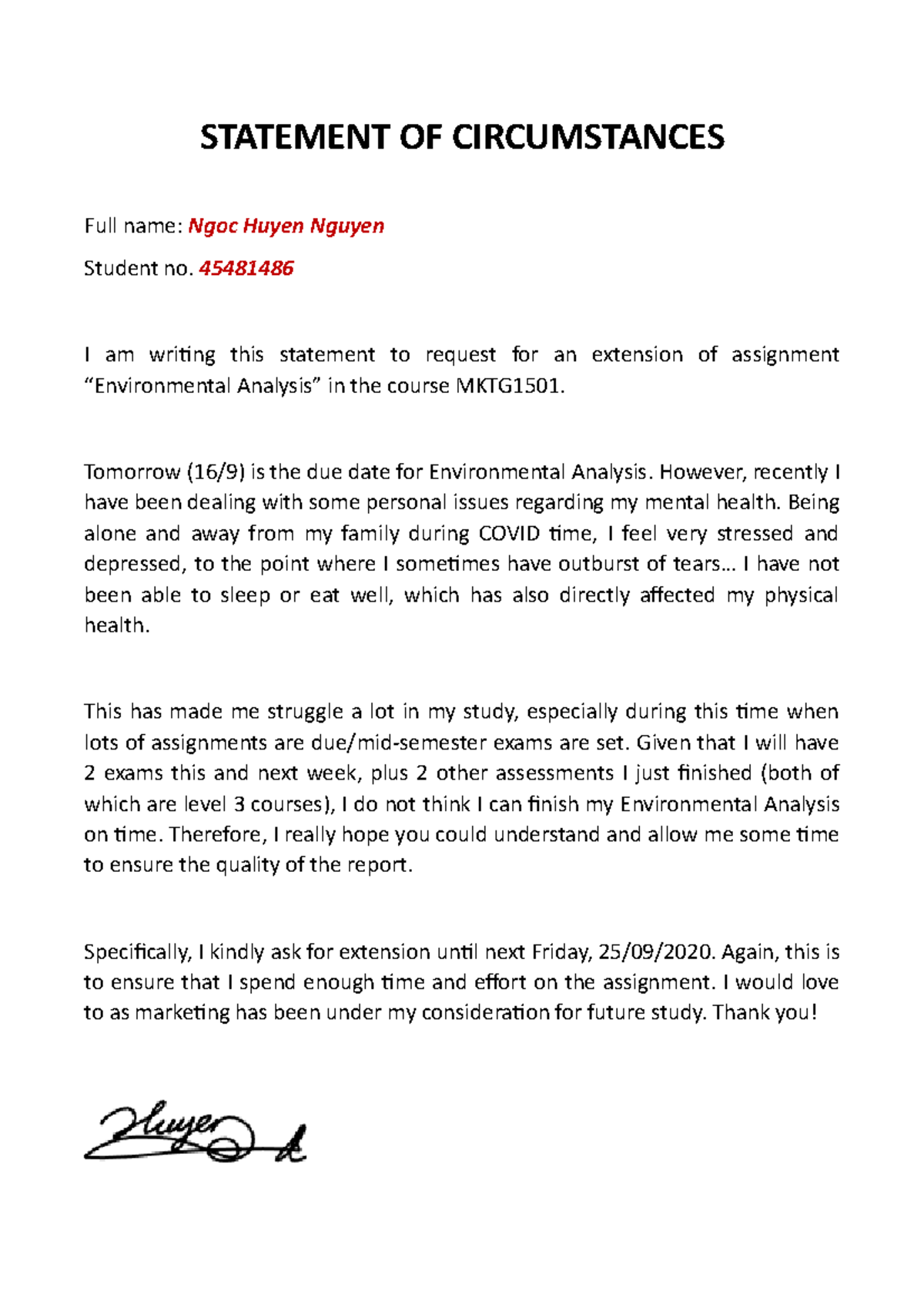 Statement of circumstances - STATEMENT OF CIRCUMSTANCES Full name: Ngoc ...