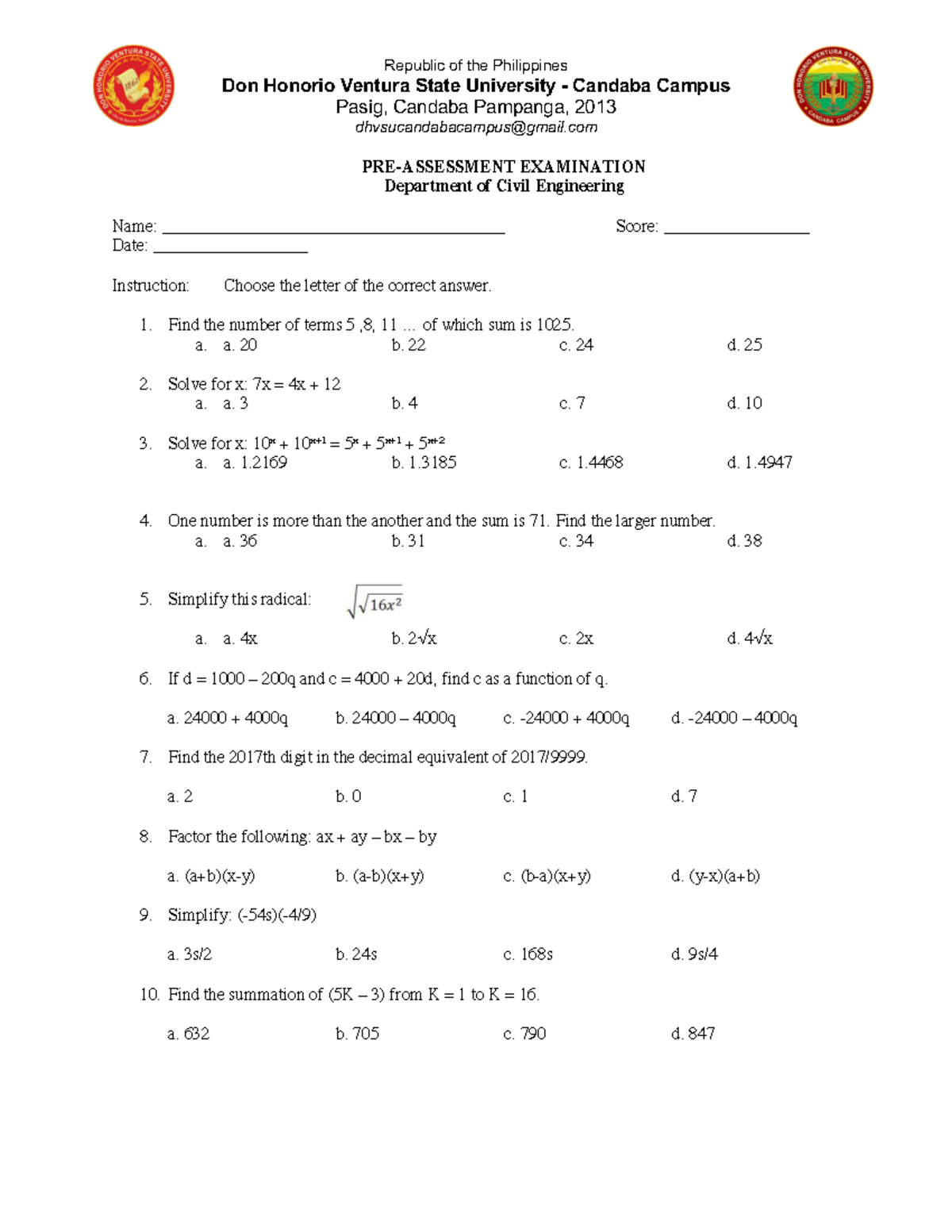 PRE Assessment CE DEPT - For Calculus - Republic of the Philippines Don ...
