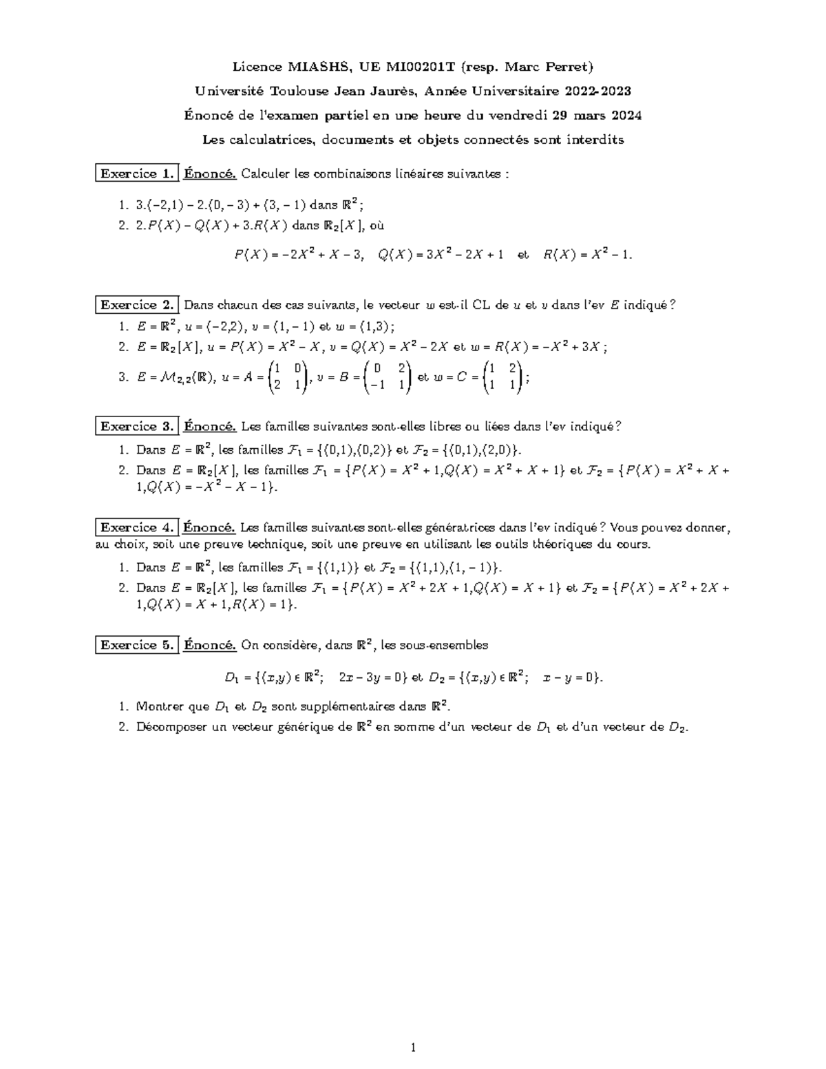 Sujet du partiel no 1 du 29 mars 2024 - Licence MIASHS, UE MI00201T ...