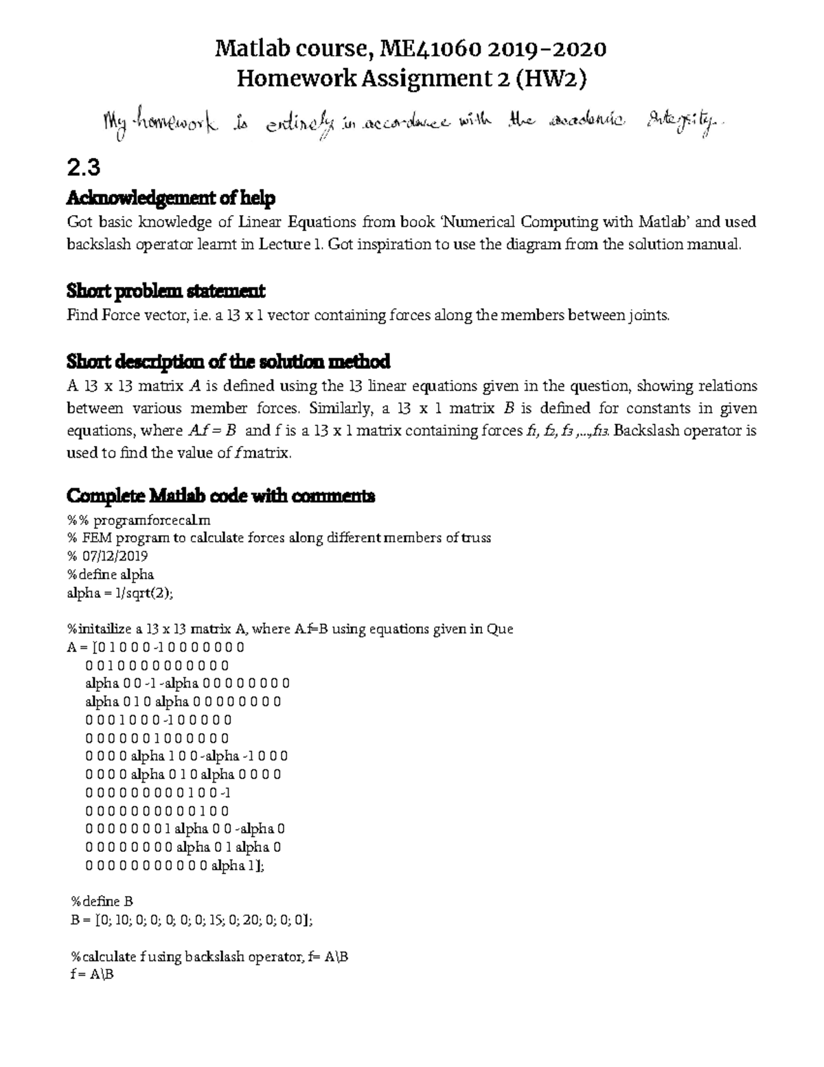 Matlab HW2 - Assignment - Matlab course, ME41060 2019-2020 Homework ...