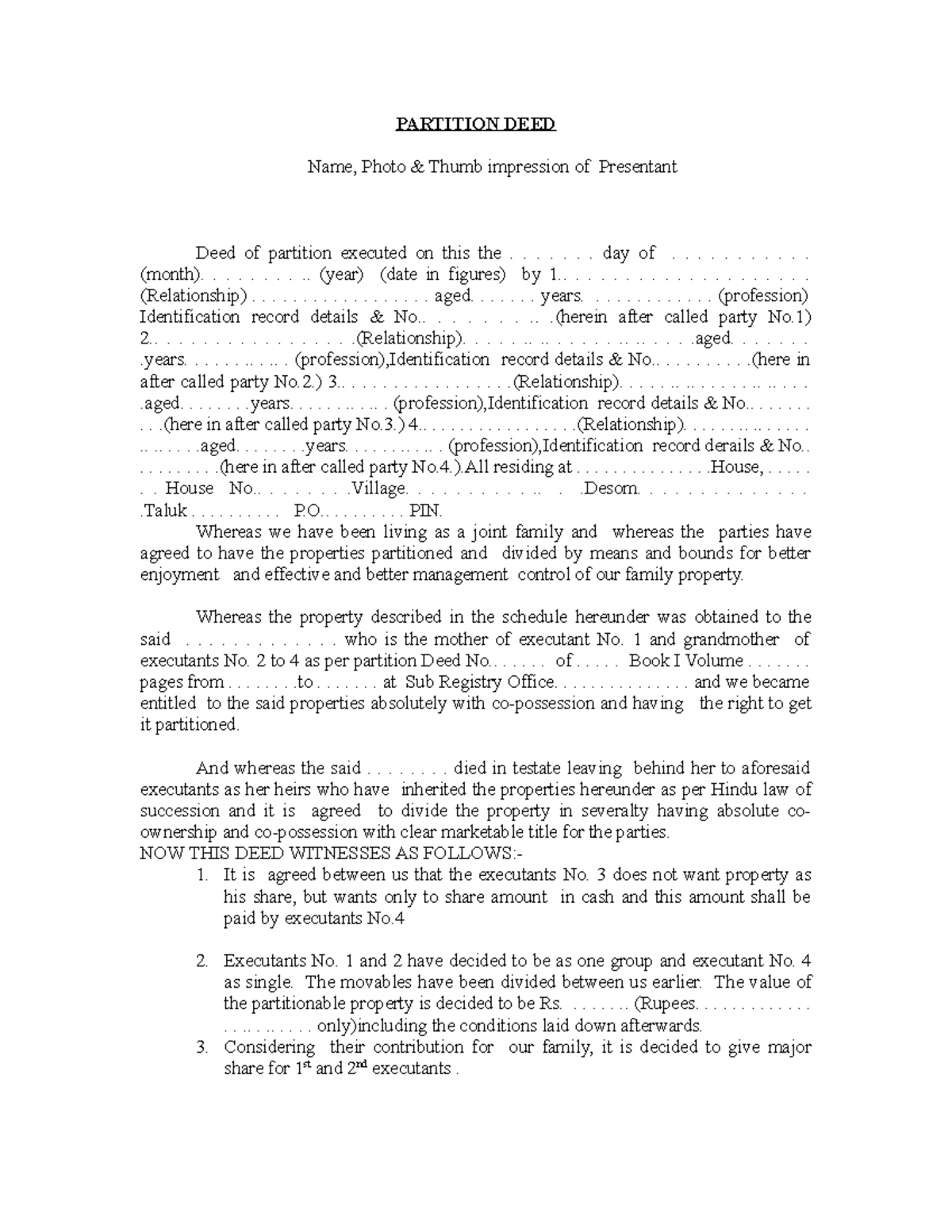 Partition Deed Eng - Notes for legal drafting and pleading for LLB 3 nd ...