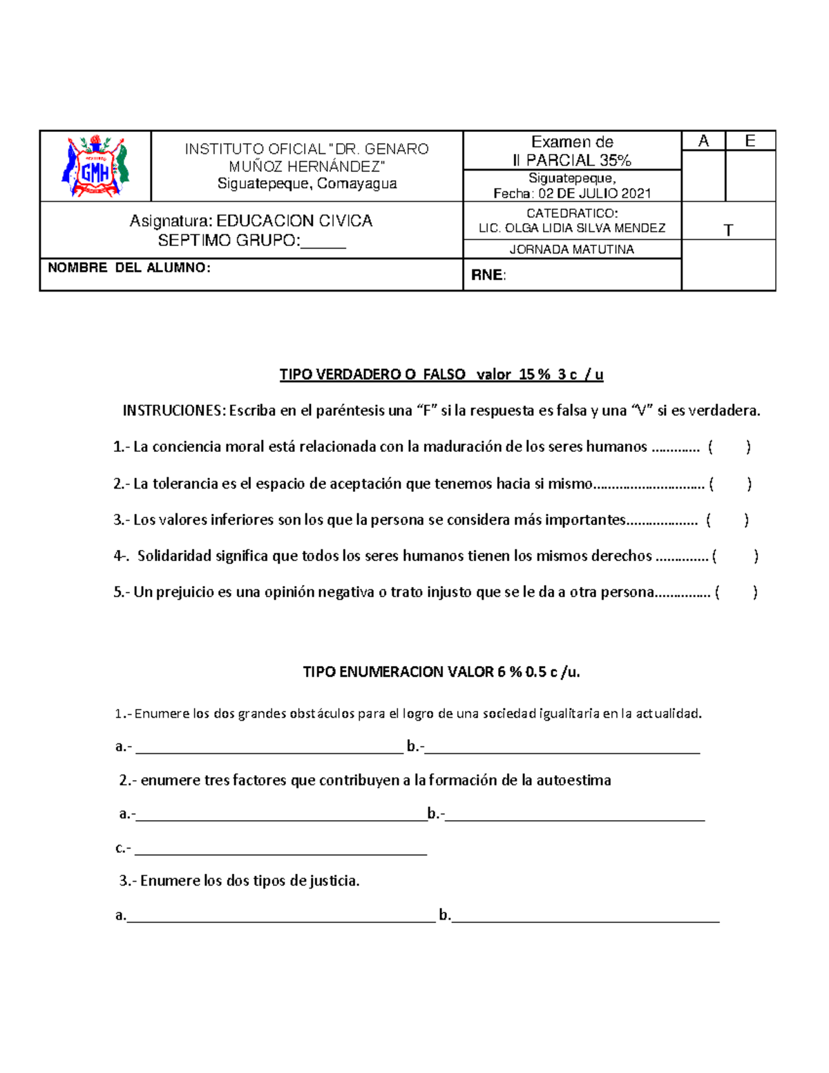 Examen de educ. civica 7° segundo parcial 2021 - INSTITUTO OFICIAL “DR ...