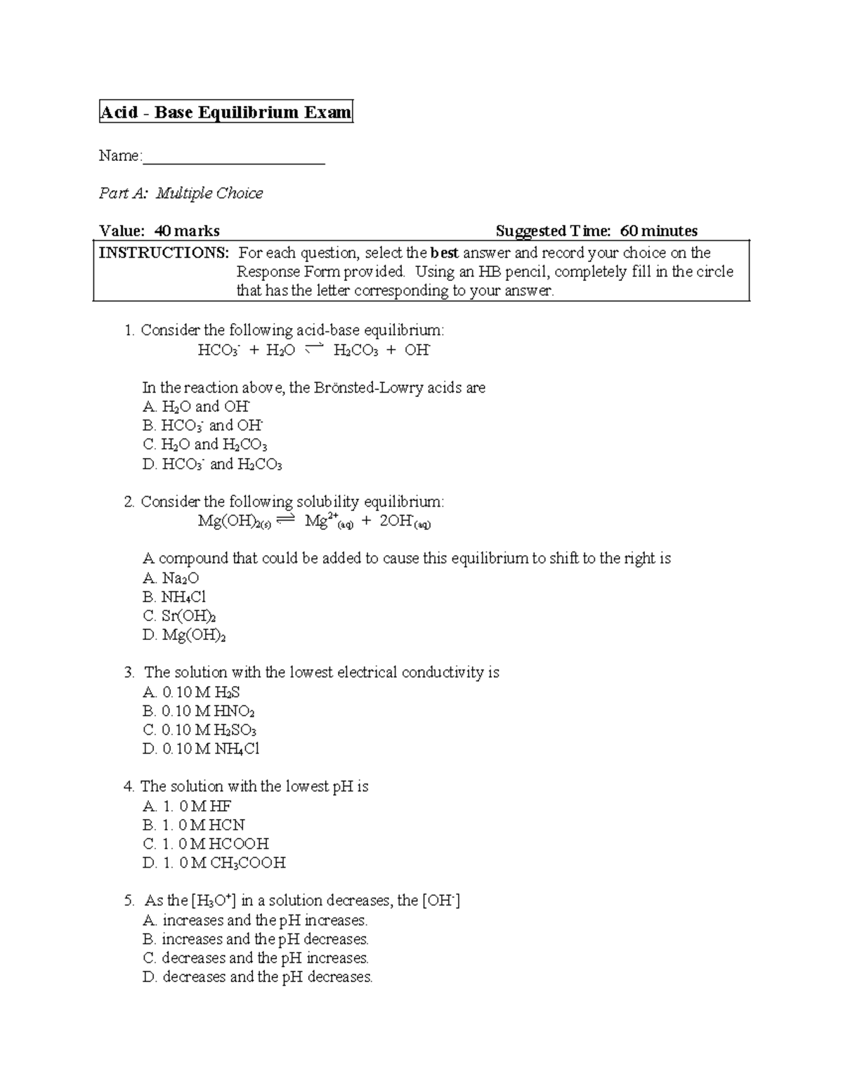 Acid Base Equilibrium Exam - Acid - Base Equilibrium Exam Name ...