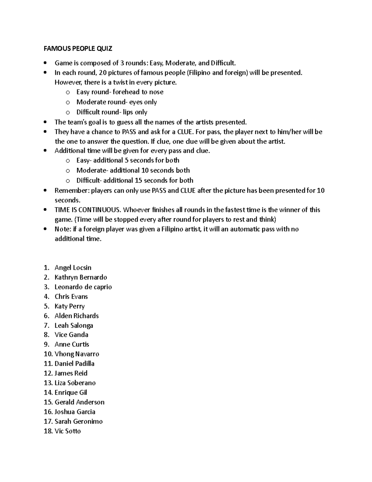 Famous People QUIZ - Answers to the question in an subject done on a ...