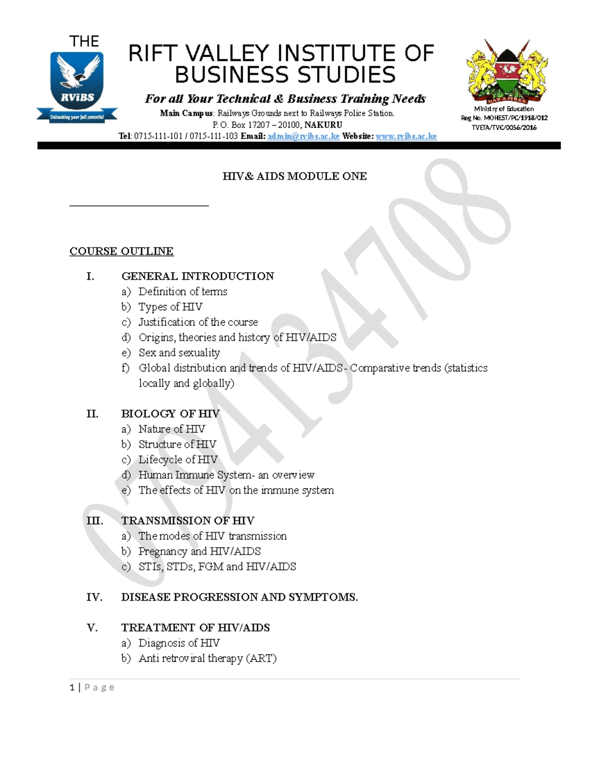 HIV AIDS Module Notes - HIV& AIDS MODULE ONE COURSE OUTLINE I. GENERAL ...