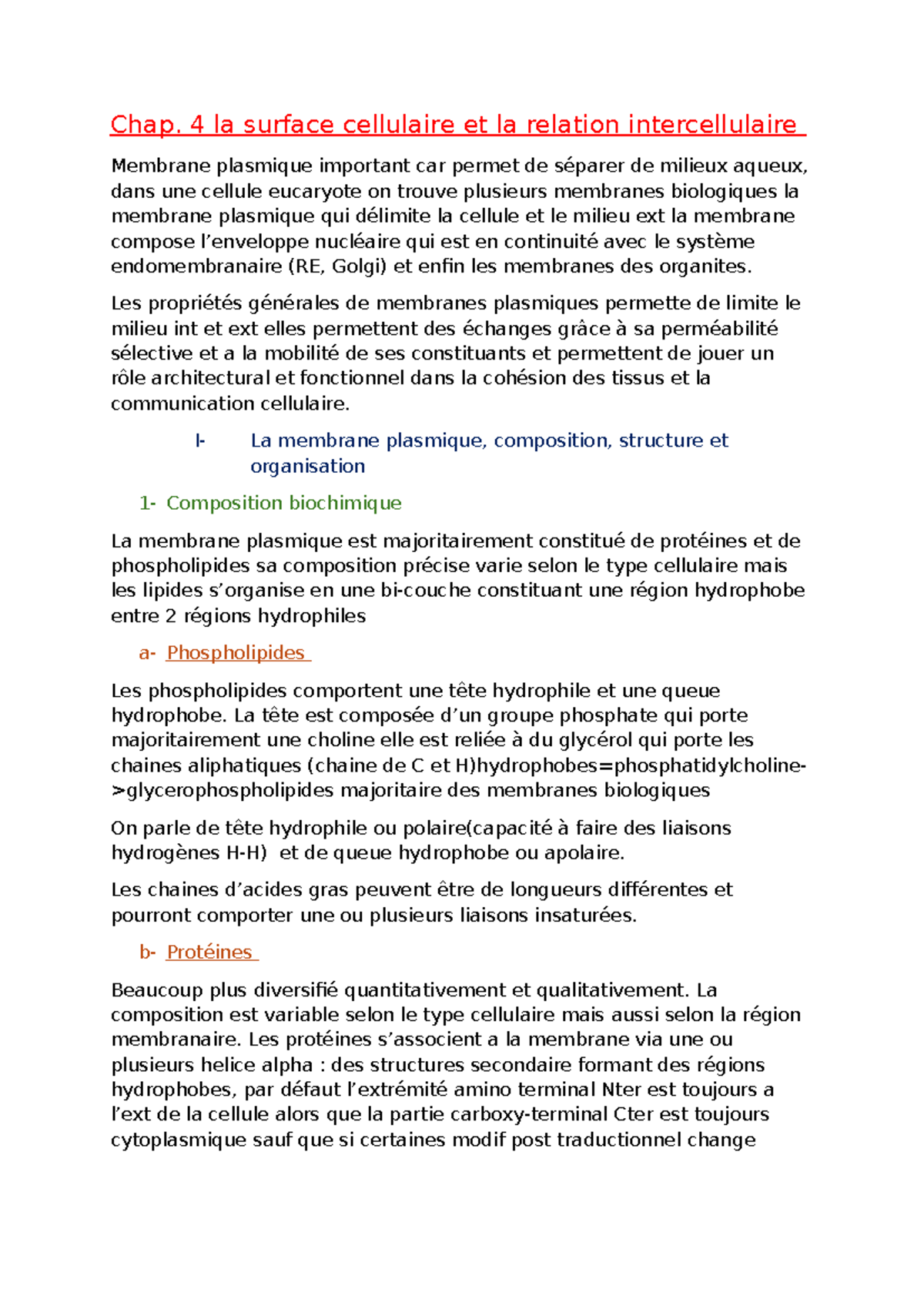 Chap 4 la surface cellulaire et la relation intercellulaire et Chap 5 ...