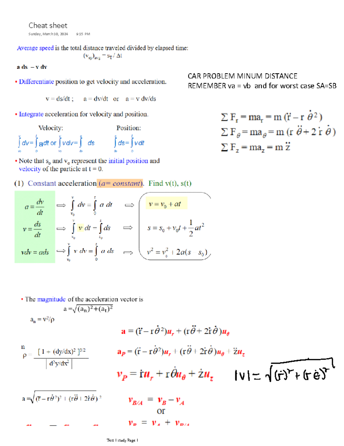 Cheat sheet - MATH 253 - CAR PROBLEM MINUM DISTANCE REMEMBER va = vb ...