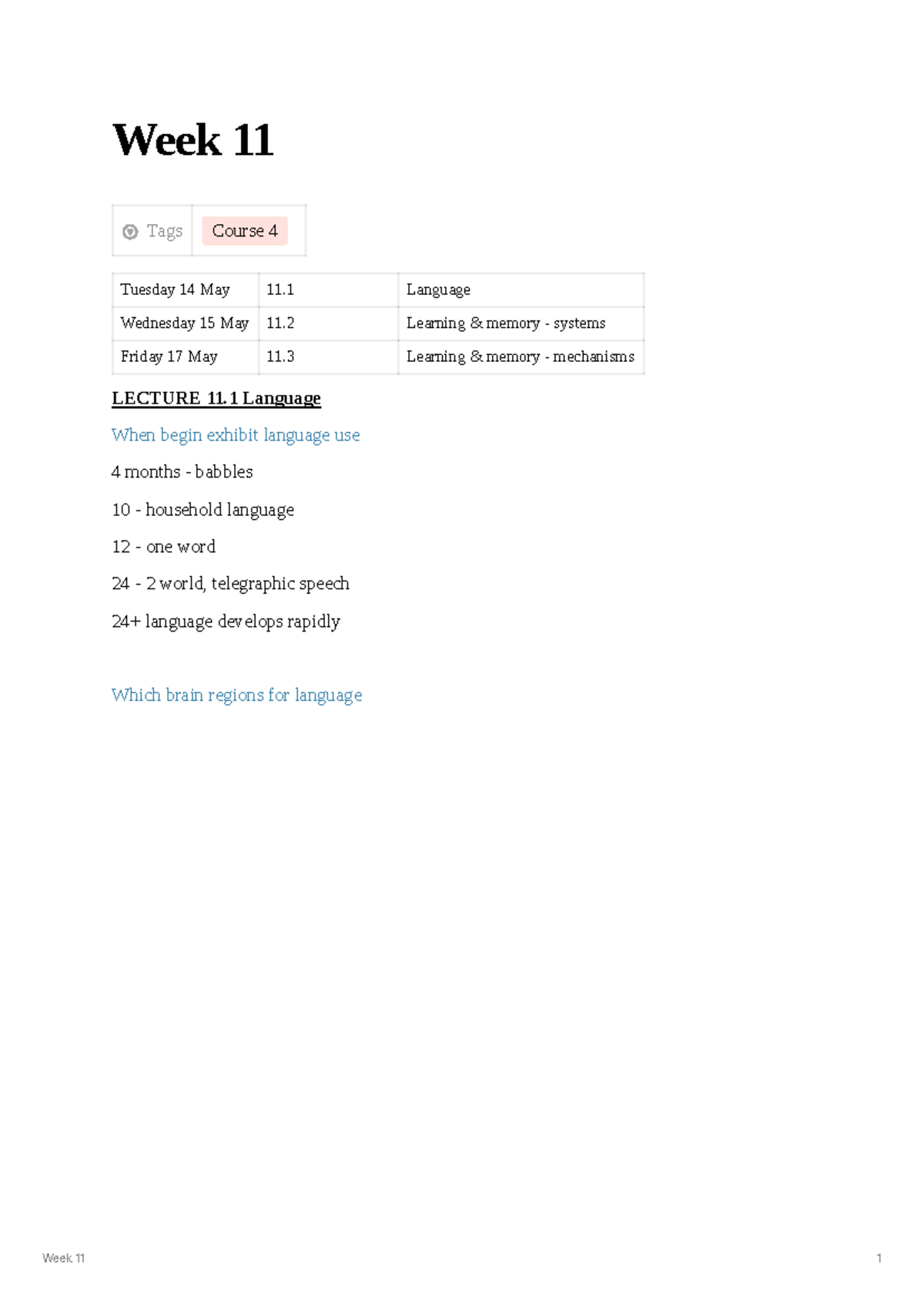 NEUR30003 Lecture notes week 12 - Week 11 Tags Course 4 Tuesday 14 May ...