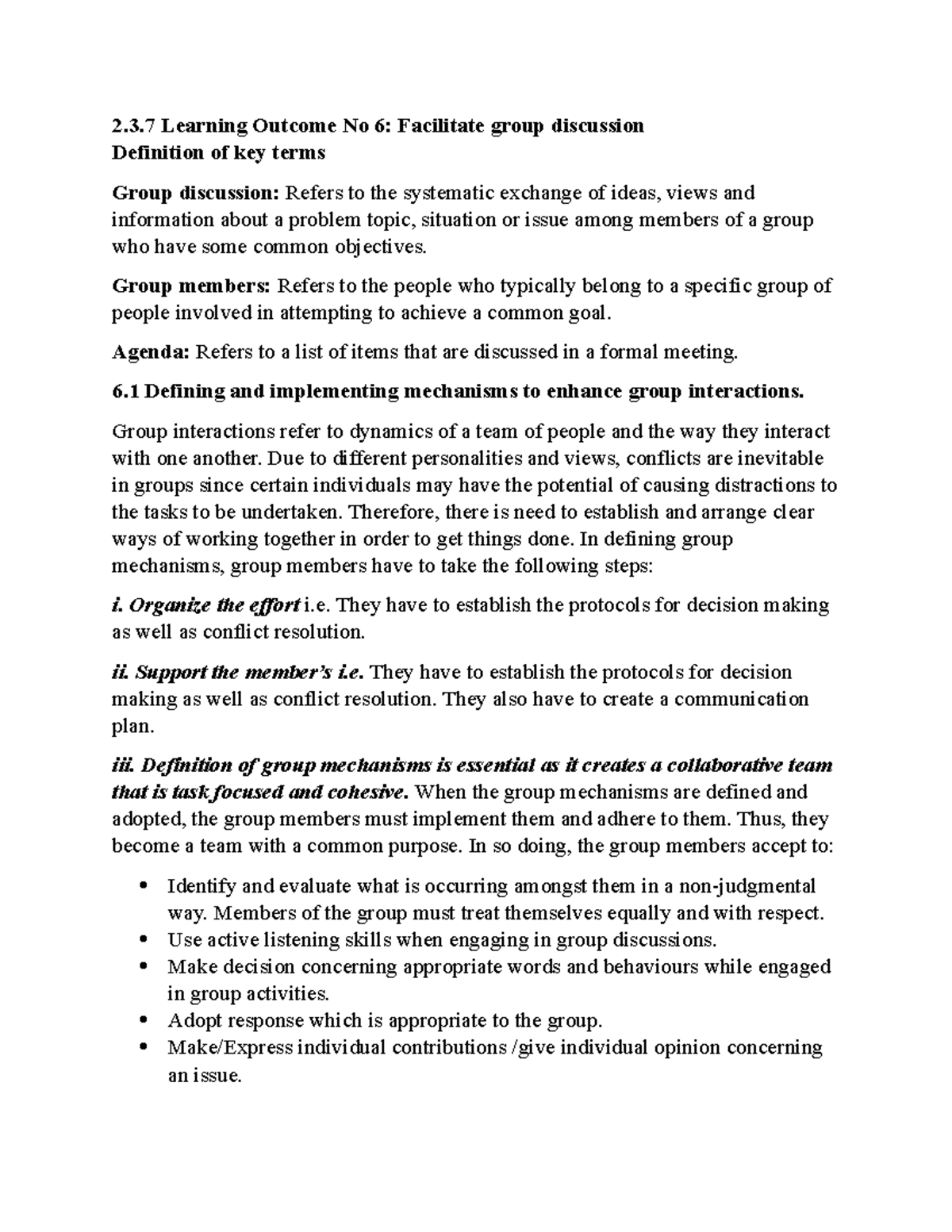 L.Outcome 6 Facilitate group discussion - 2.3 Learning Outcome No 6 ...