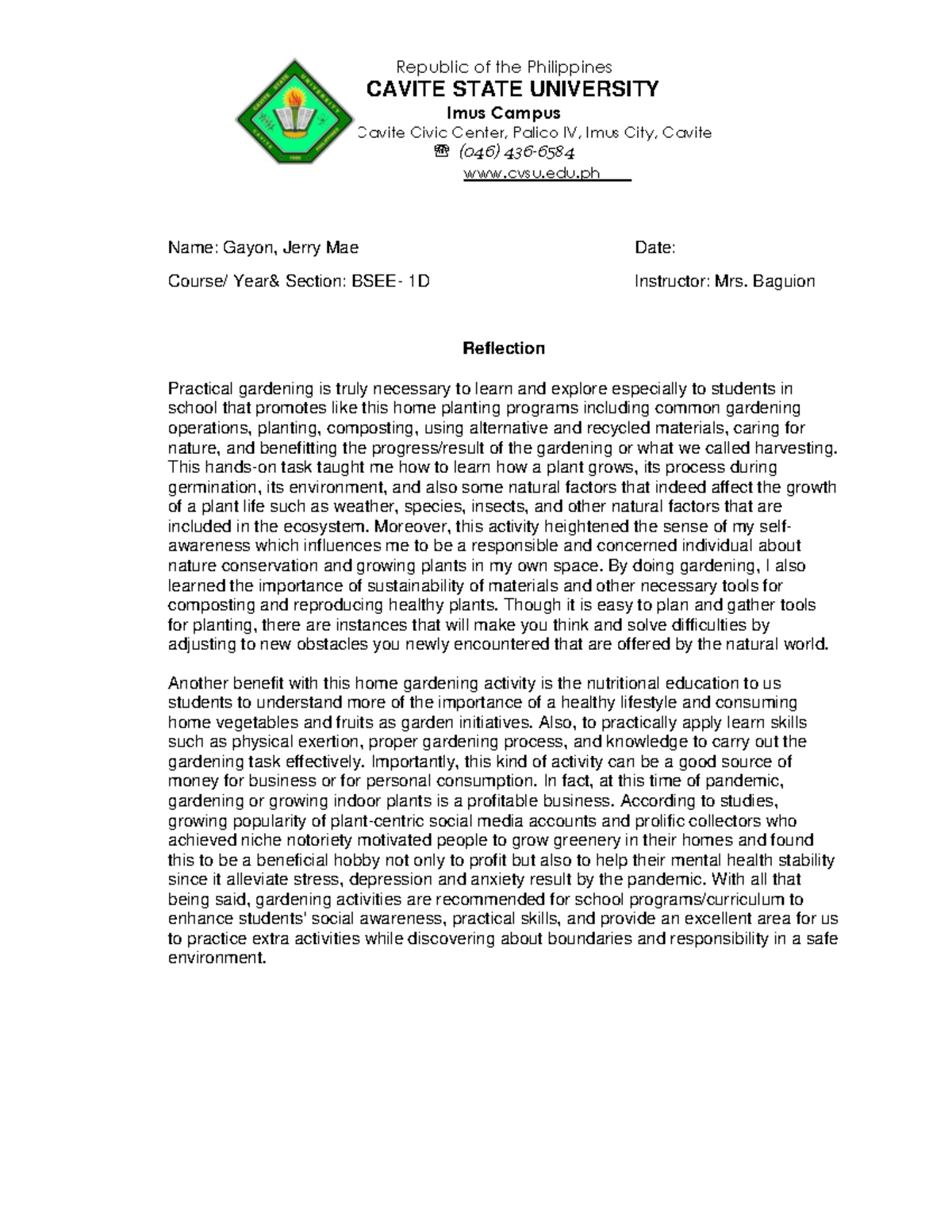 NSTP 1- Gardening Reflection - Republic of the Philippines CAVITE STATE ...
