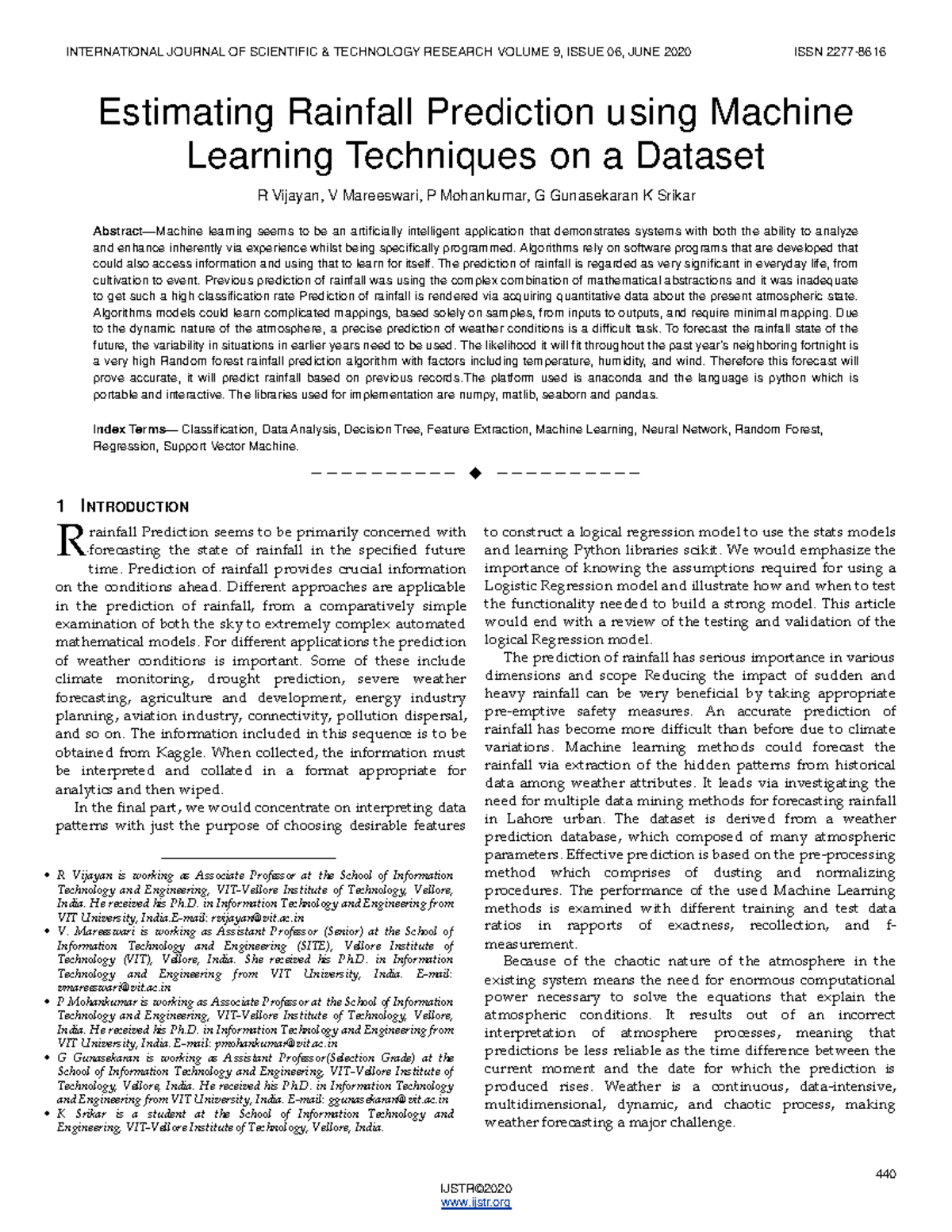 Estimating Rainfall Prediction Using Machine Learning Techniques On A Dataset Algorithms Rely