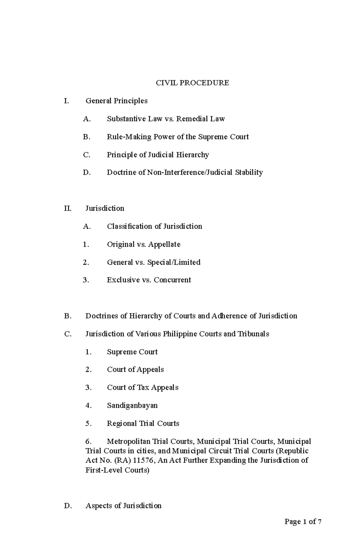 Topics civ pro - CIVIL PROCEDURE I. General Principles A. Substantive ...