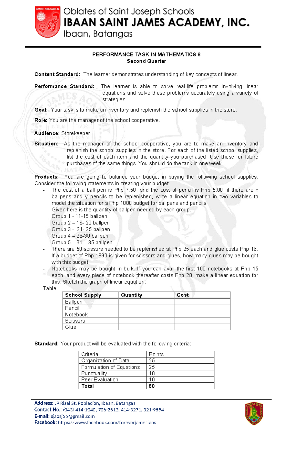 Performance TASK IN Mathematics 8 - PERFORMANCE TASK IN MATHEMATICS 8 ...
