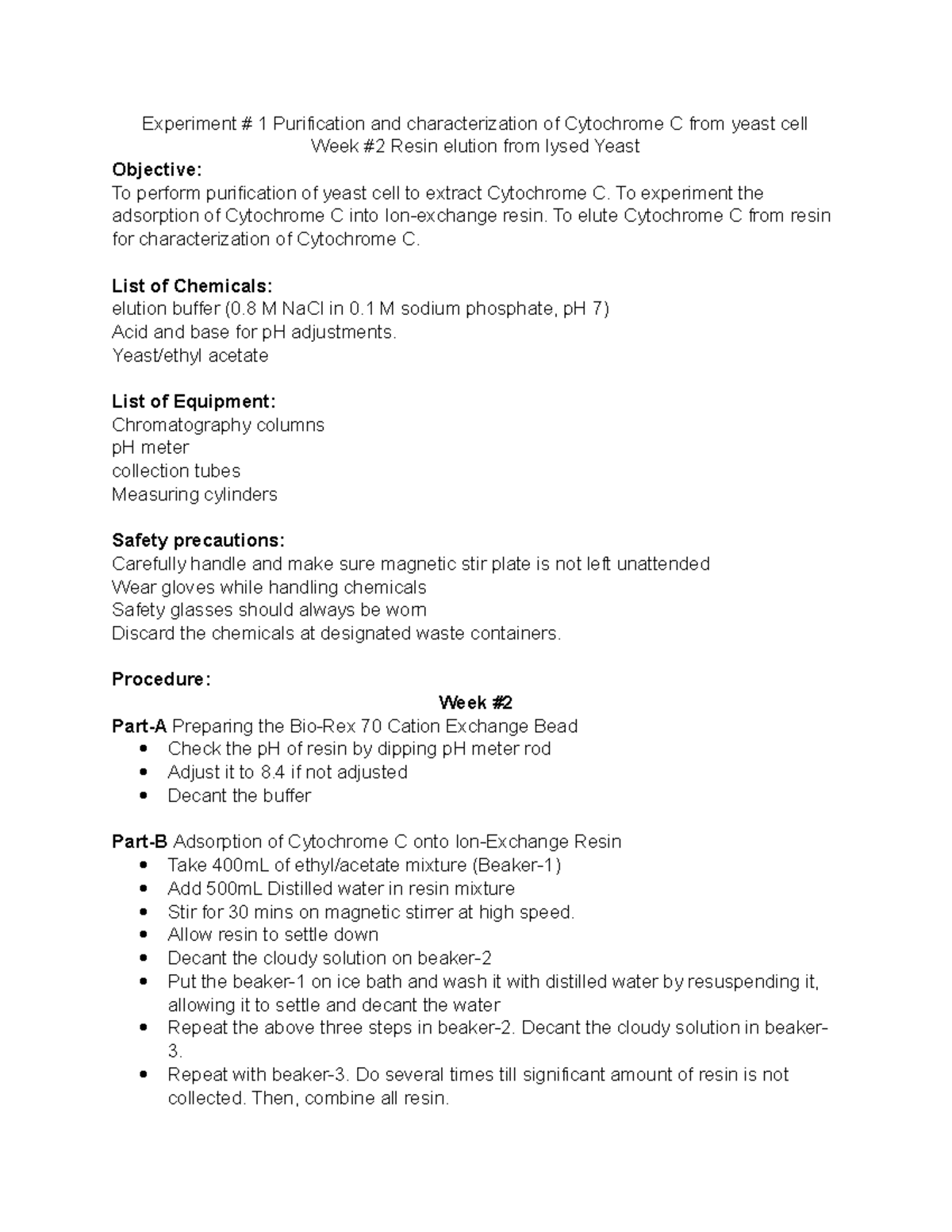 Pre lab week2-3 - Pre lab week 2 and 3 - Experiment # 1 Purification and characterization of ...