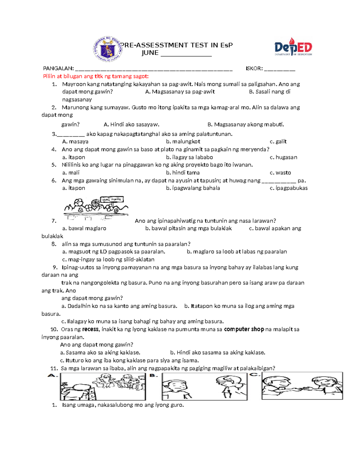PRE-TEST ESP 2 - PRE-ASSESSTMENT TEST IN EsP JUNE ...