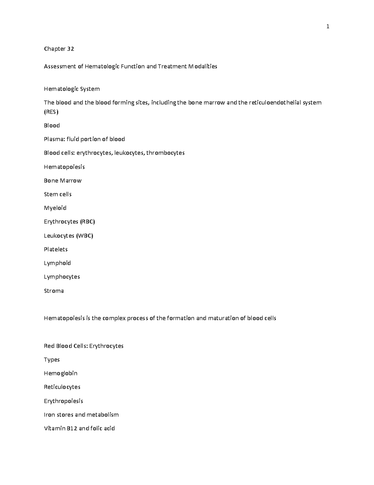 Hema Guide Notes - Chapter 32 Assessment of Hematologic Function and ...