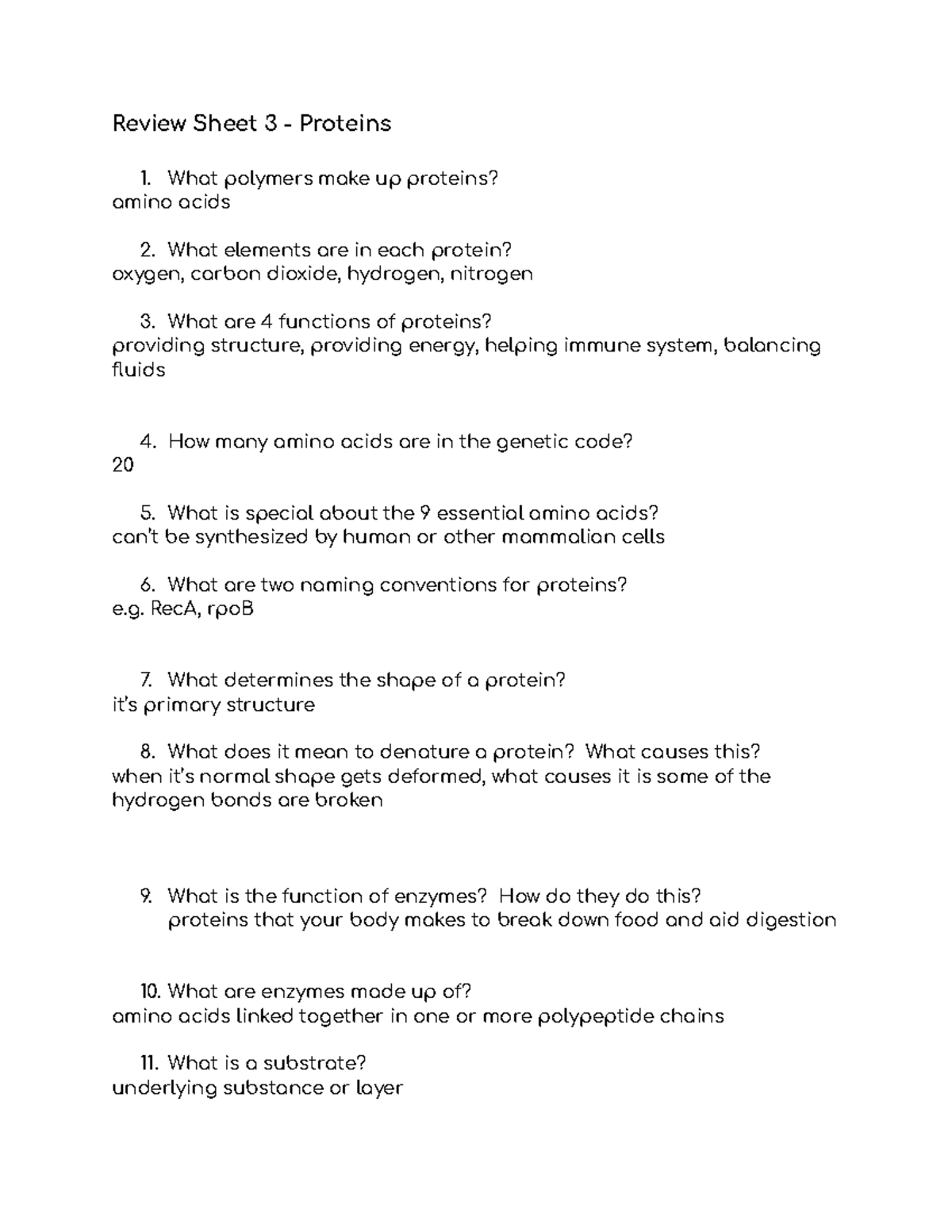 Copy of Review Sheet 3 - Proteins - Review Sheet 3 - Proteins What ...