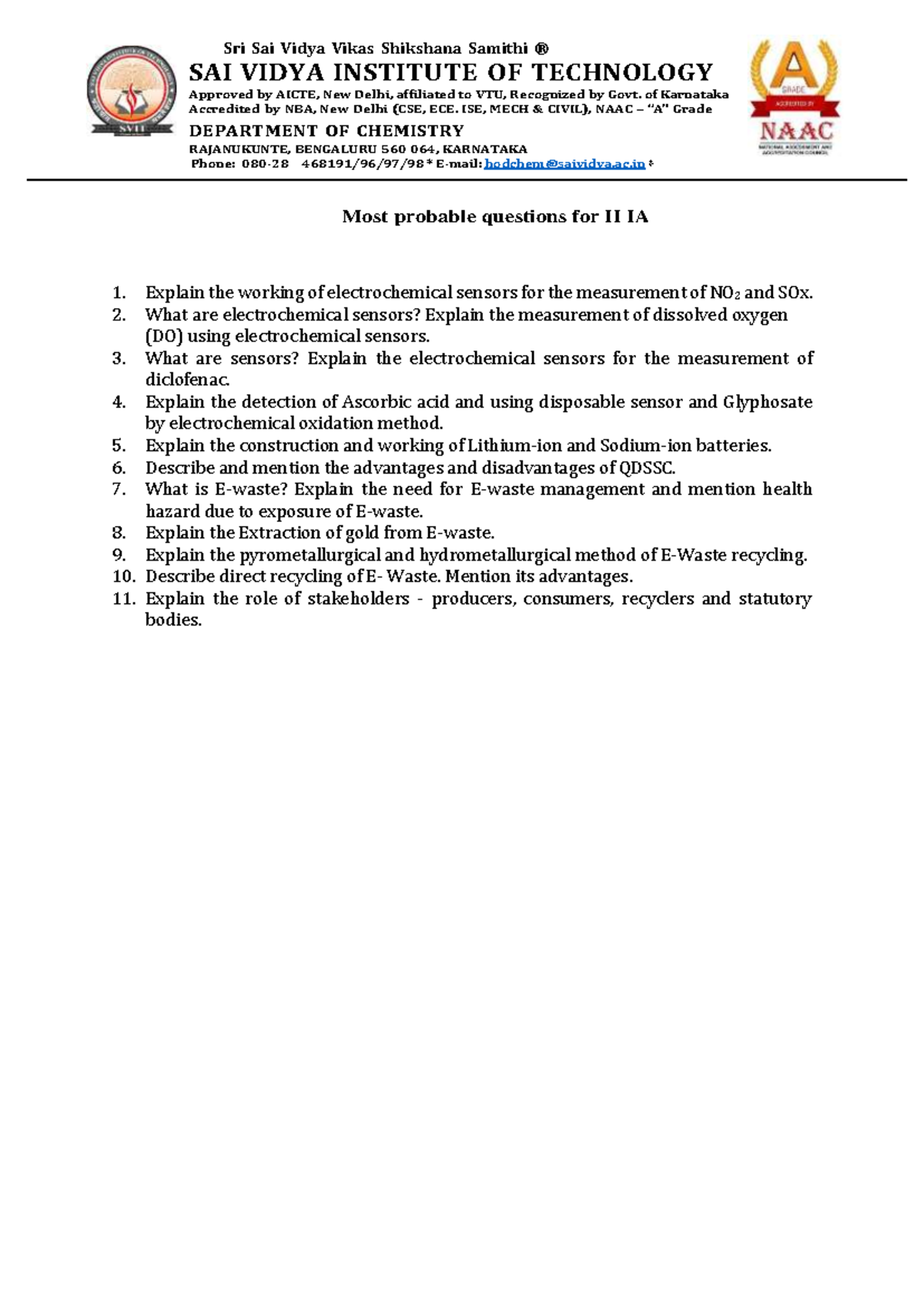 Chemistry for 2nd sem students of AIML - Sri Sai Vidya Vikas Shikshana ...