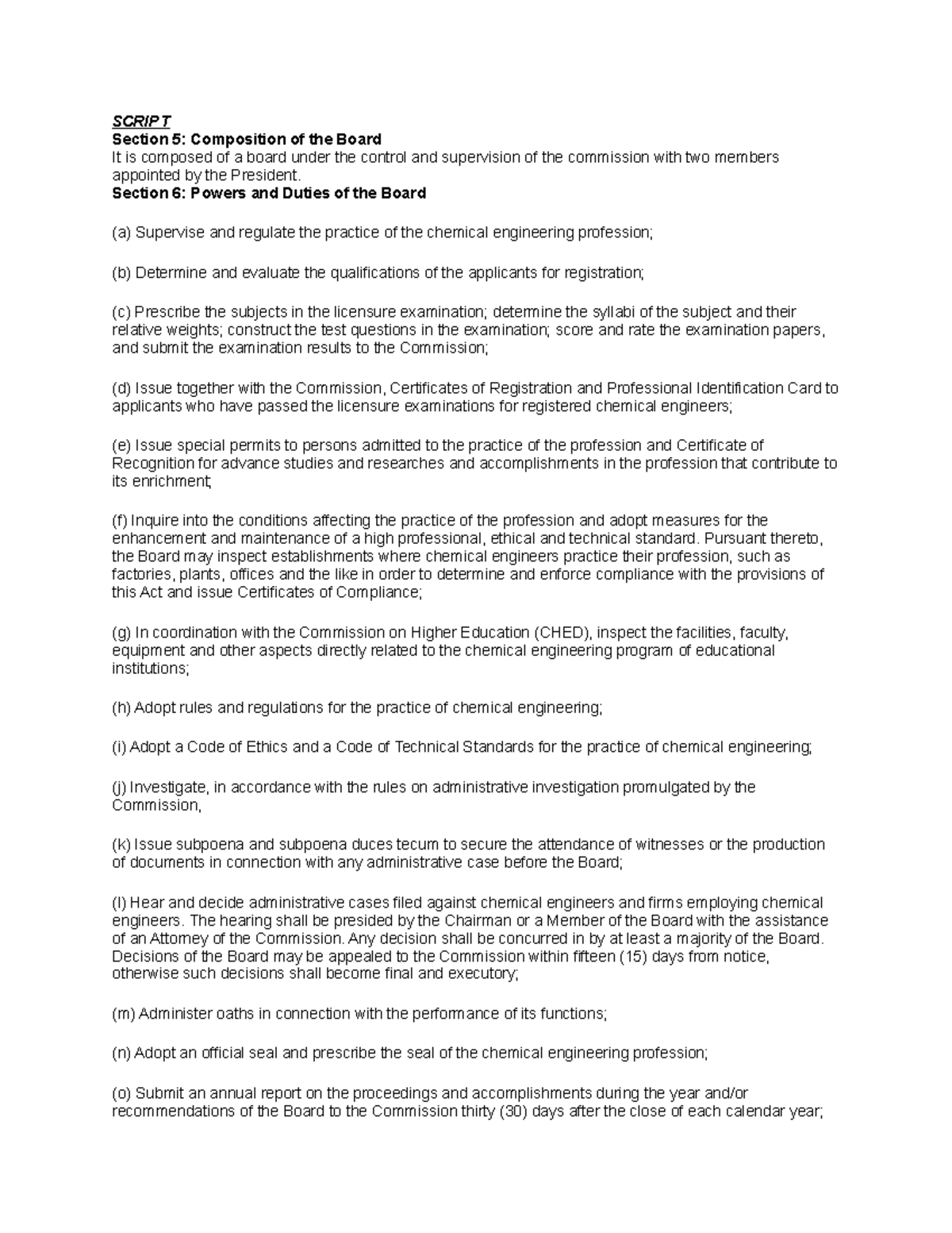 Script - Chemical Engineering Law - SCRIPT Section 5: Composition of ...