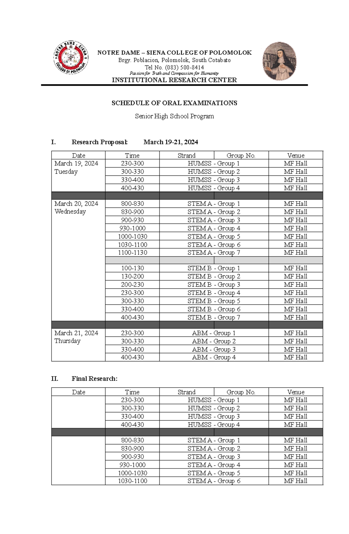 SHS Schedule OF Research ORAL Examination 2 - NOTRE DAME – SIENA ...