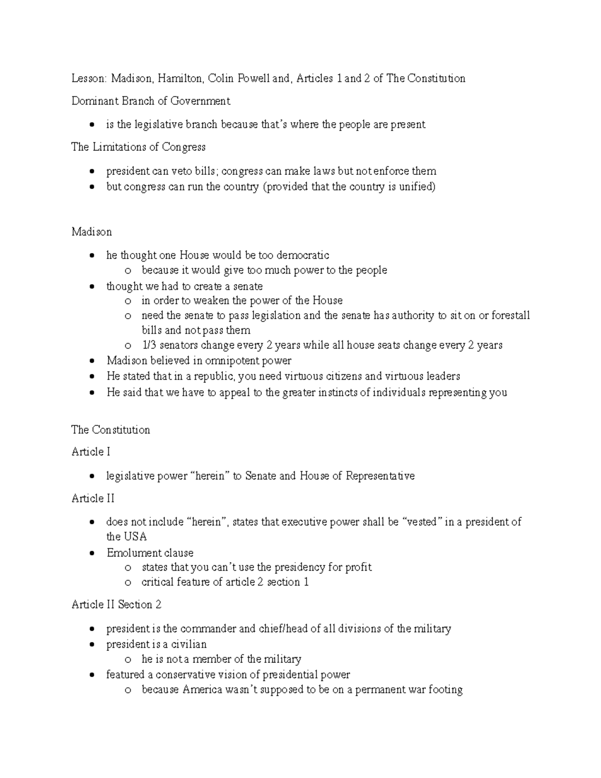 Madison, Hamilton, Colin Powell and, Articles 1 and 2 of The ...