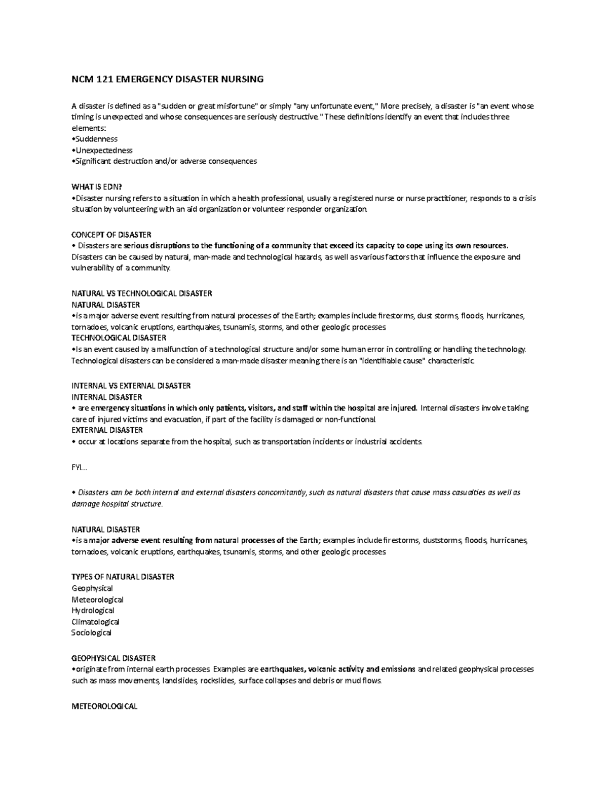 Disaster nursing - NOTES - NCM 121 EMERGENCY DISASTER NURSING A ...