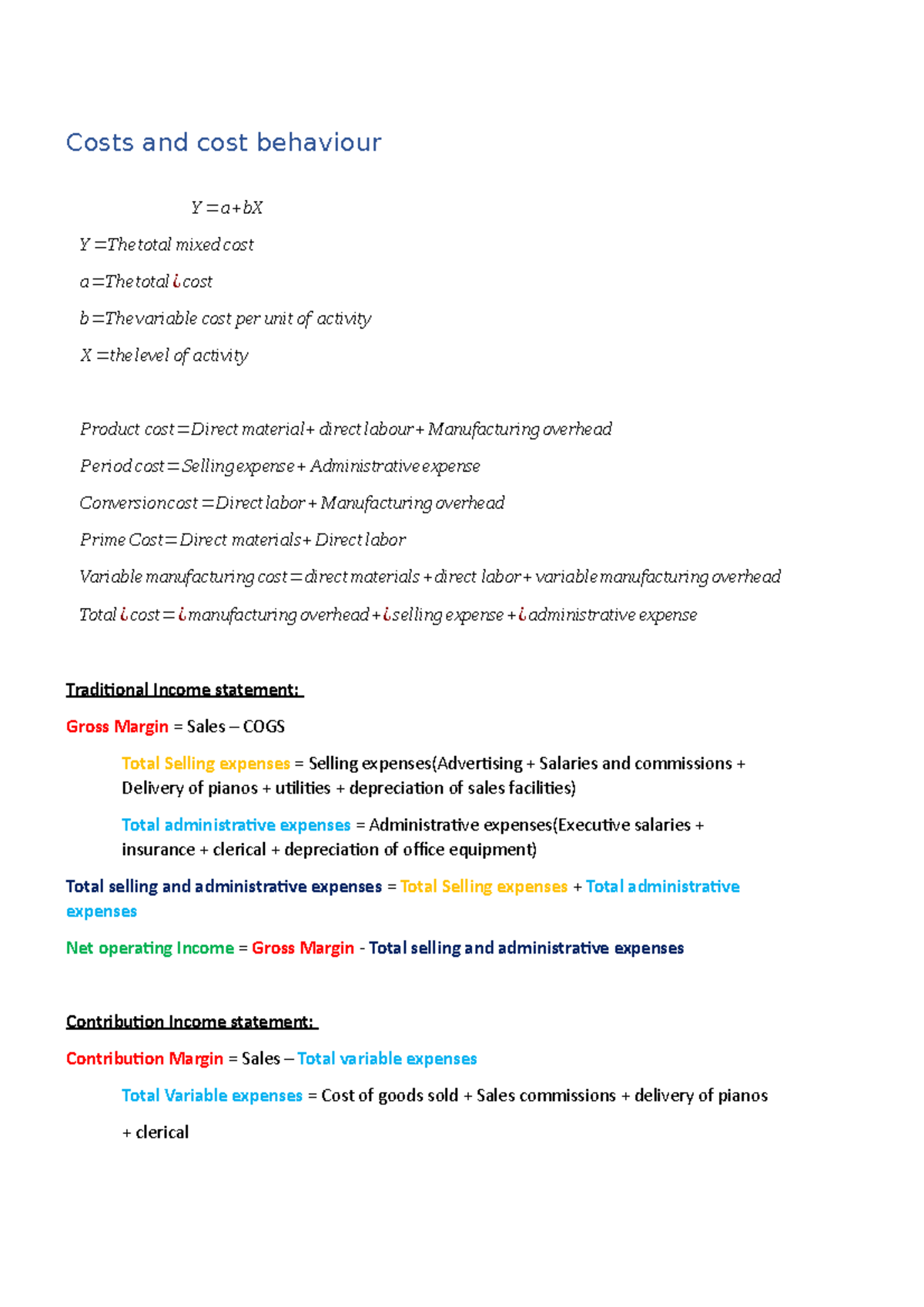MAF Formulas Sheet - Costs and cost behaviour Y = a + bX Y = Thetotal ...