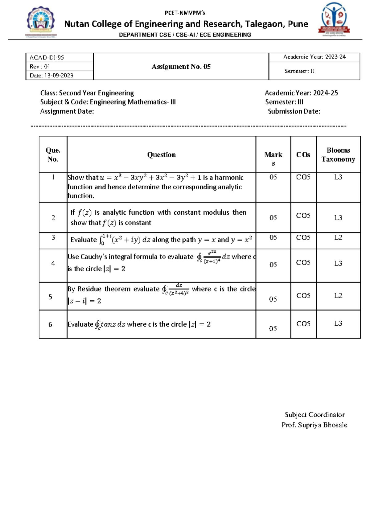 Mathematics III Assignment No - PCET-NMVPM’s Nutan College of Engineering and Research, Talegaon ...