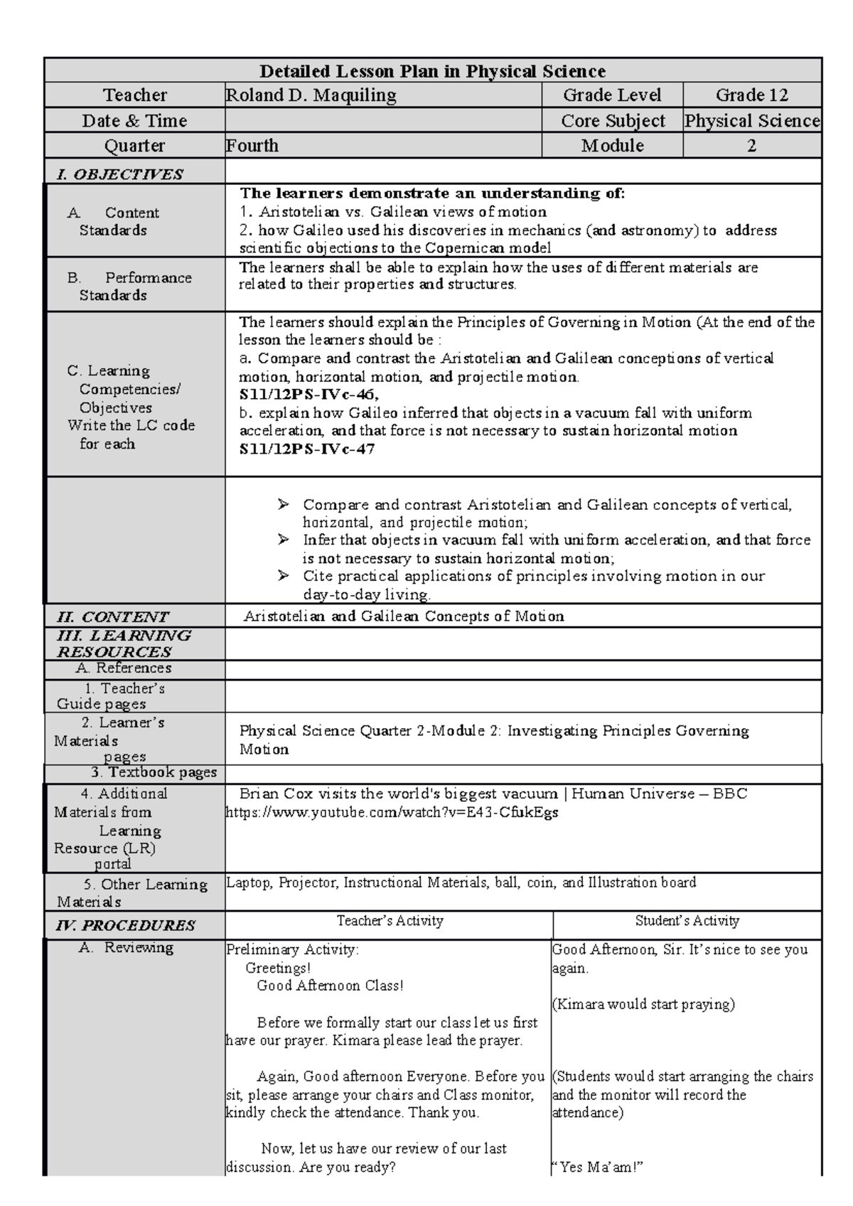 DLP Physical Science - Detailed Lesson Plan in Physical Science Teacher ...