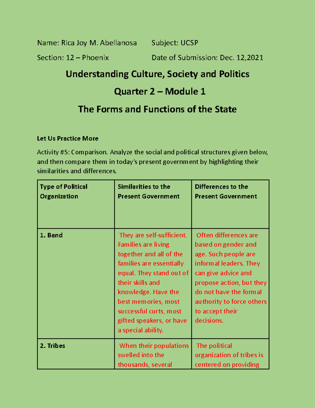 UCSP Q2 M1 12 Phoenix Abellanosa - Name: Rica Joy M. Abellanosa Subject ...