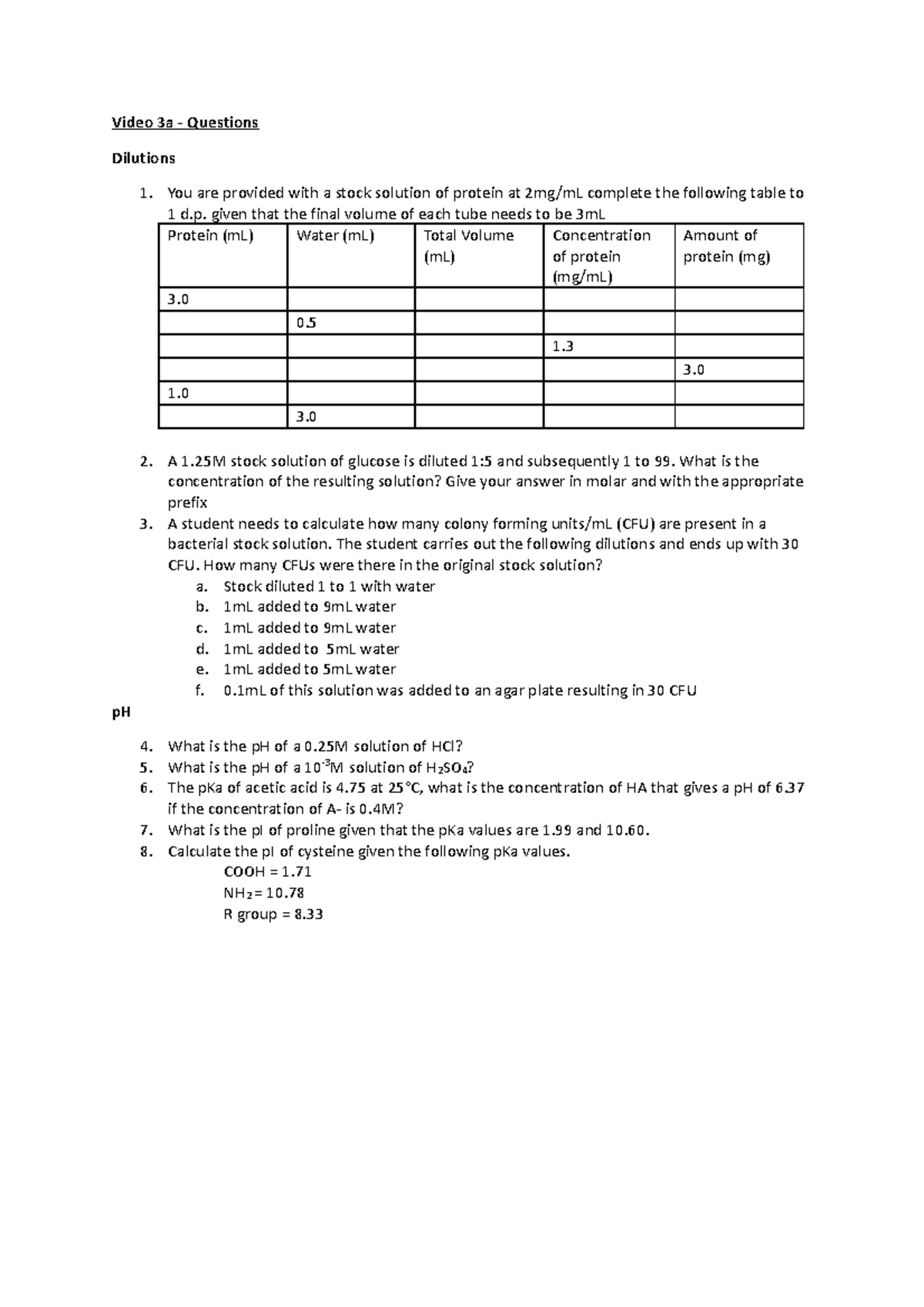 PM130 Video 3a Questions - Video 3a - Questions Dilutions 1. You are ...
