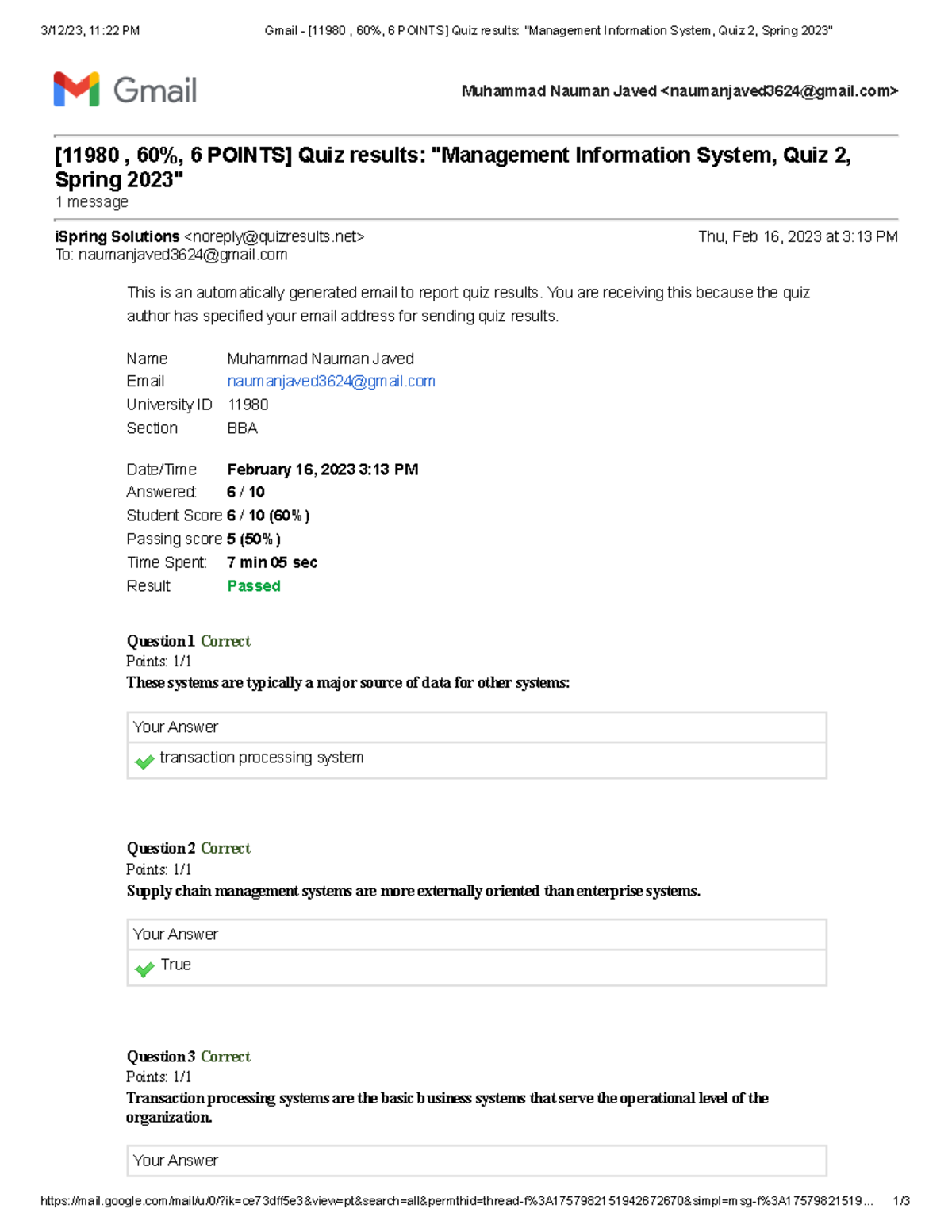 Gmail - [11980 , 60%, 6 Points] Quiz results Management Information System, Quiz 2, Spring 2023 ...