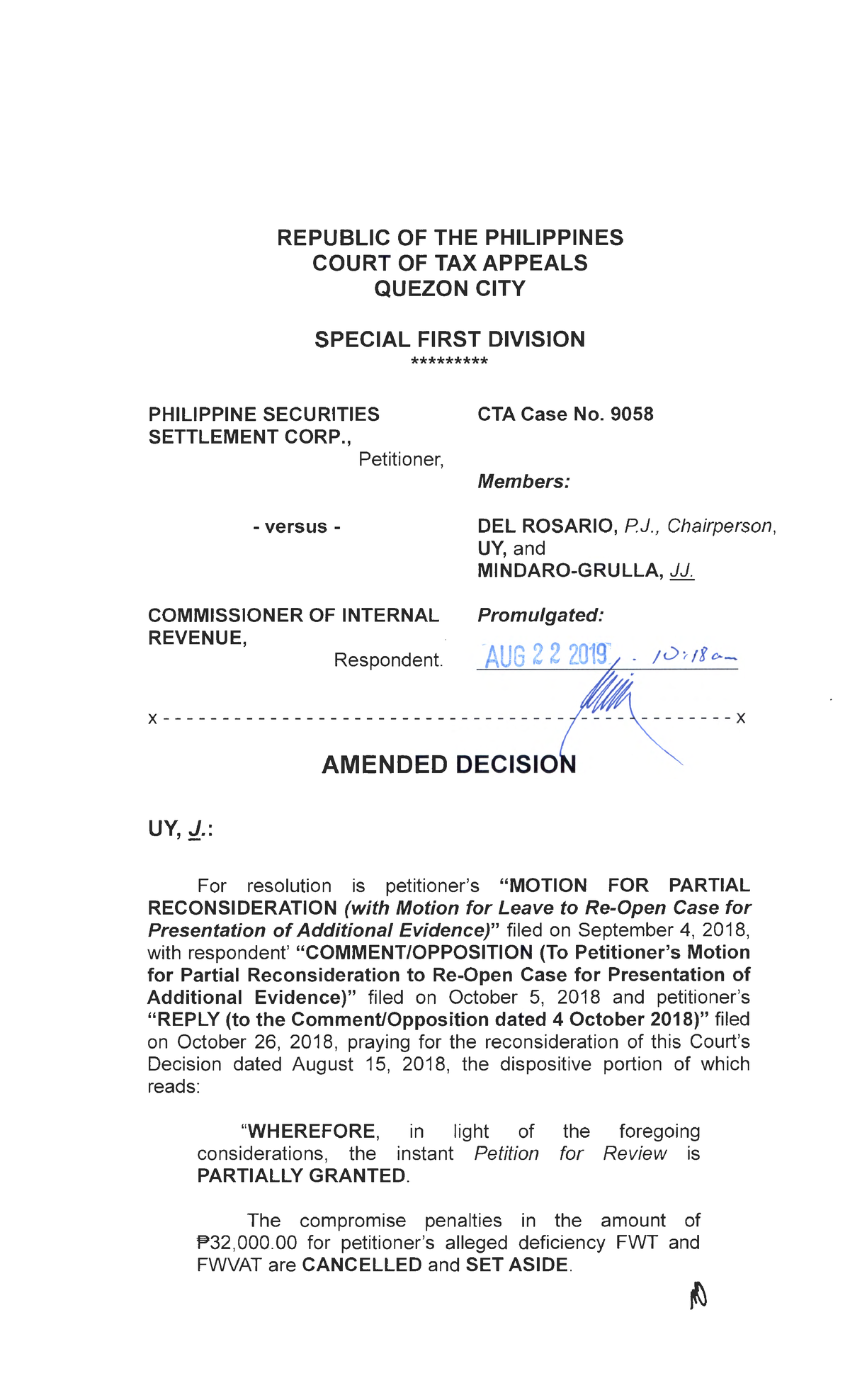 CTA 1D CV 09058 A 2019 AUG22 ASS - ####### REPUBLIC OF THE PHILIPPINES ...