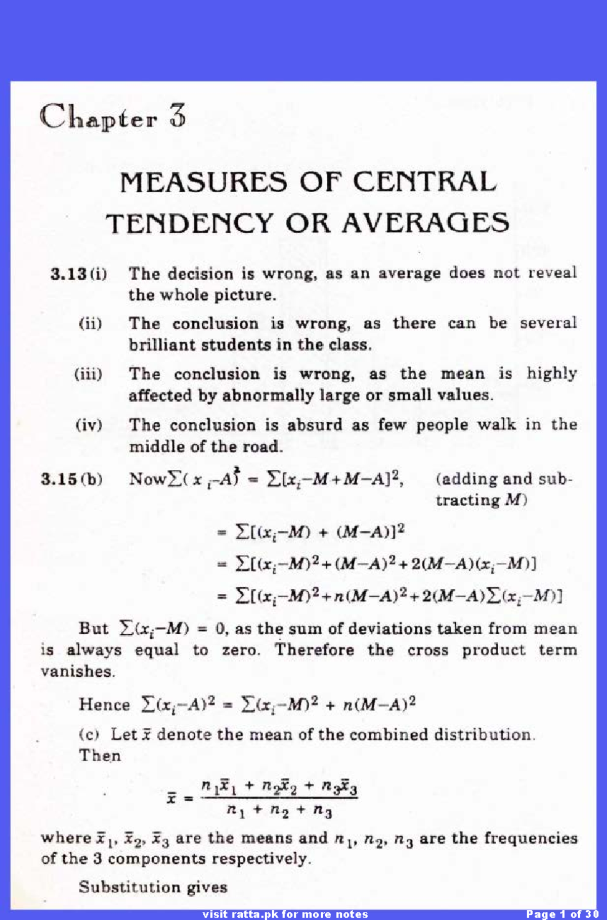 Ch03 unpw - Abc - Chapter 3 MEASURES OF CENTRAL TENDENCY OR AVERAGES 3 (i) The decision is wrong ...