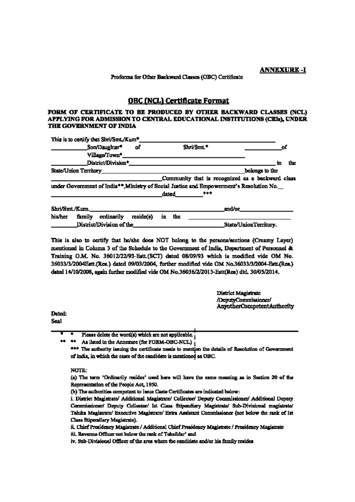 Proforma-OBC-Certificate - ANNEXURE Proforma for Other Backward Classes ...