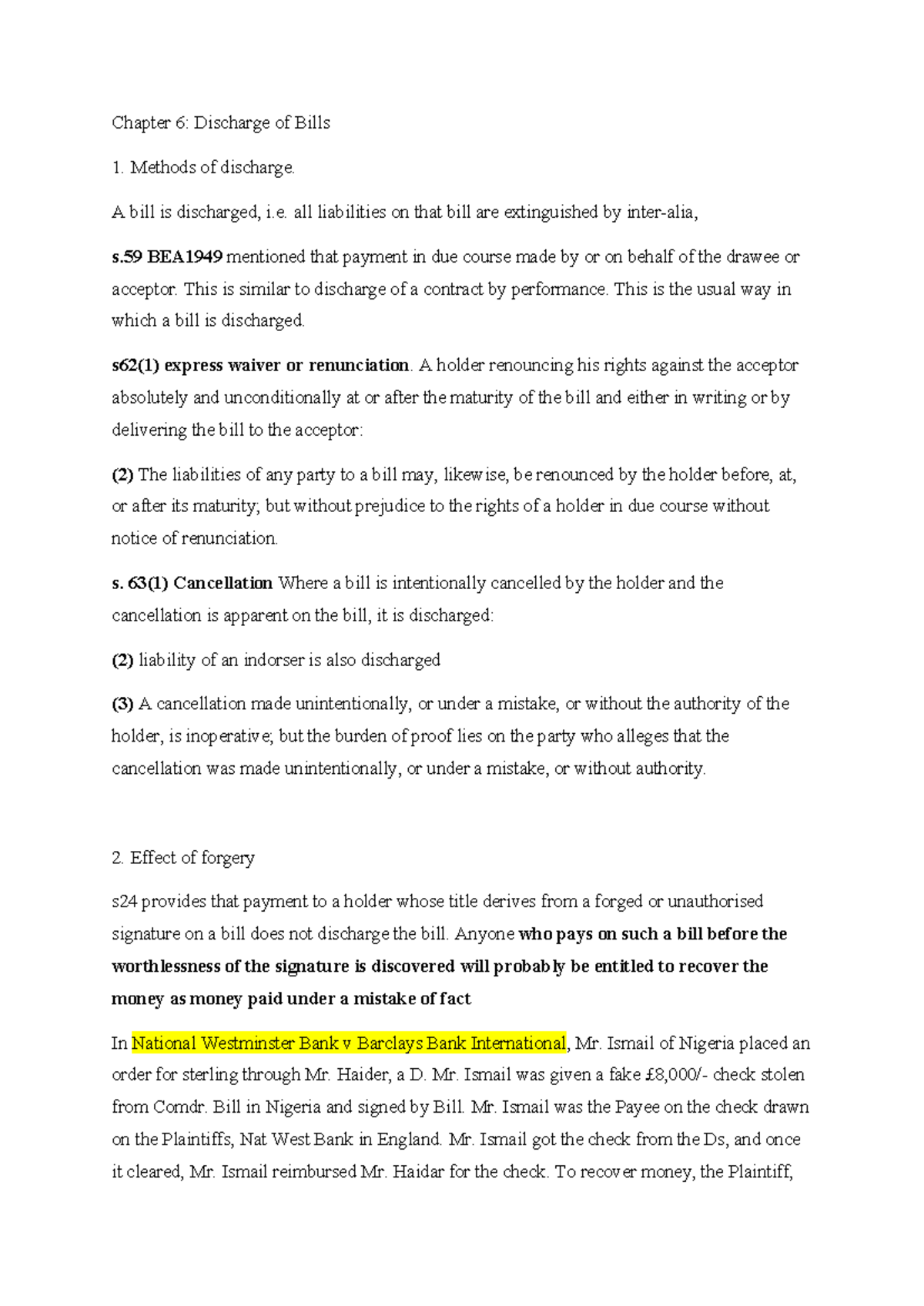 Topic 6 - Discharge of Bills - Chapter 6: Discharge of Bills Methods of ...